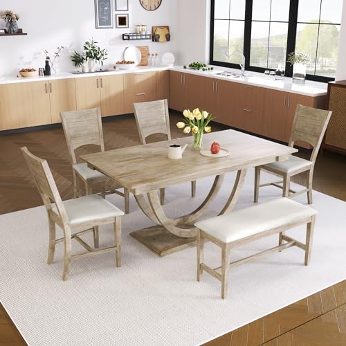 WOXYX Modern Style 6-Piece Wood Half Round Dining, Kitchen Tables-Set with Long Bench and 4 Chairs, Natural