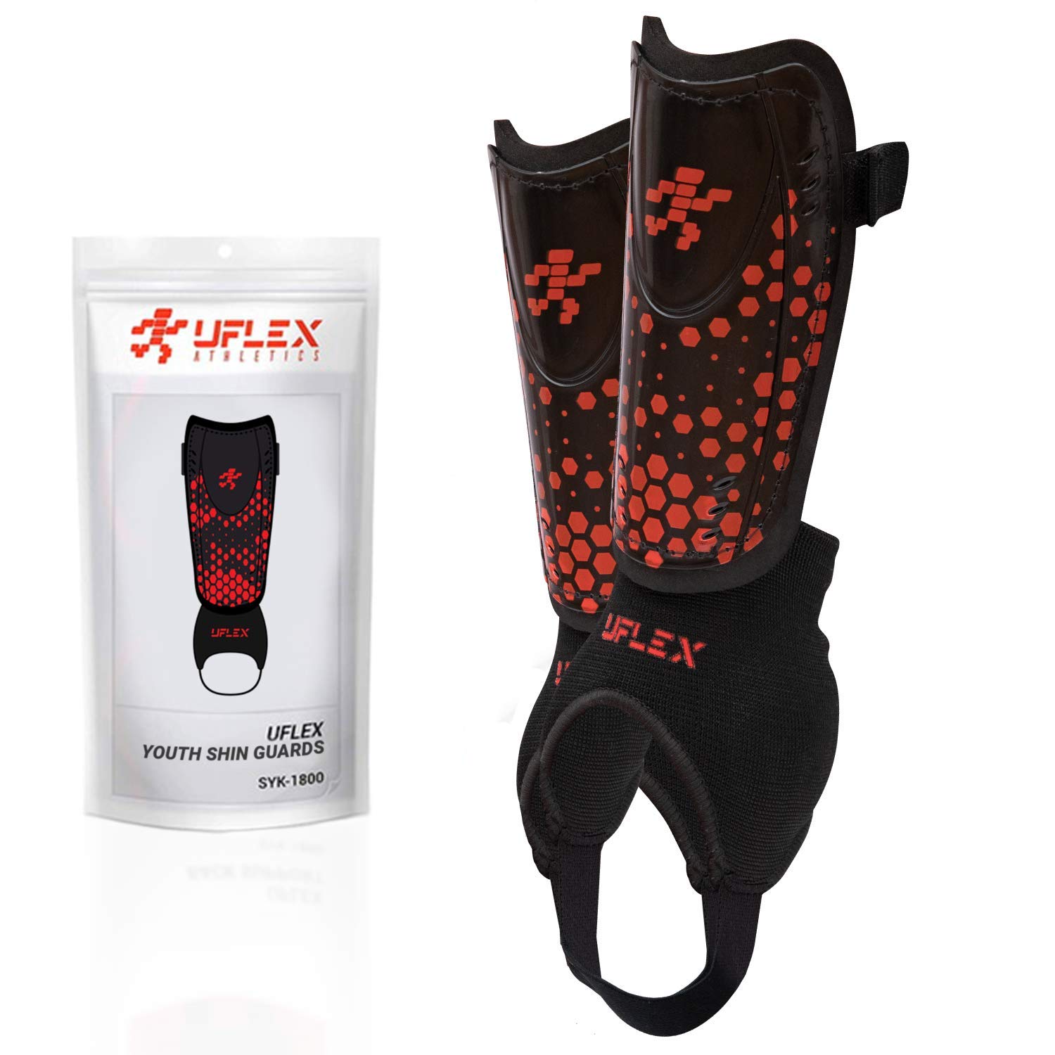 Uflex Athletics Slip and Slide Shin Guards for Kids and Teens - Protective Soccer Gear for Boys and Girls with Padded Ankle Support - Non Slip Adjustable Straps (X-Small)