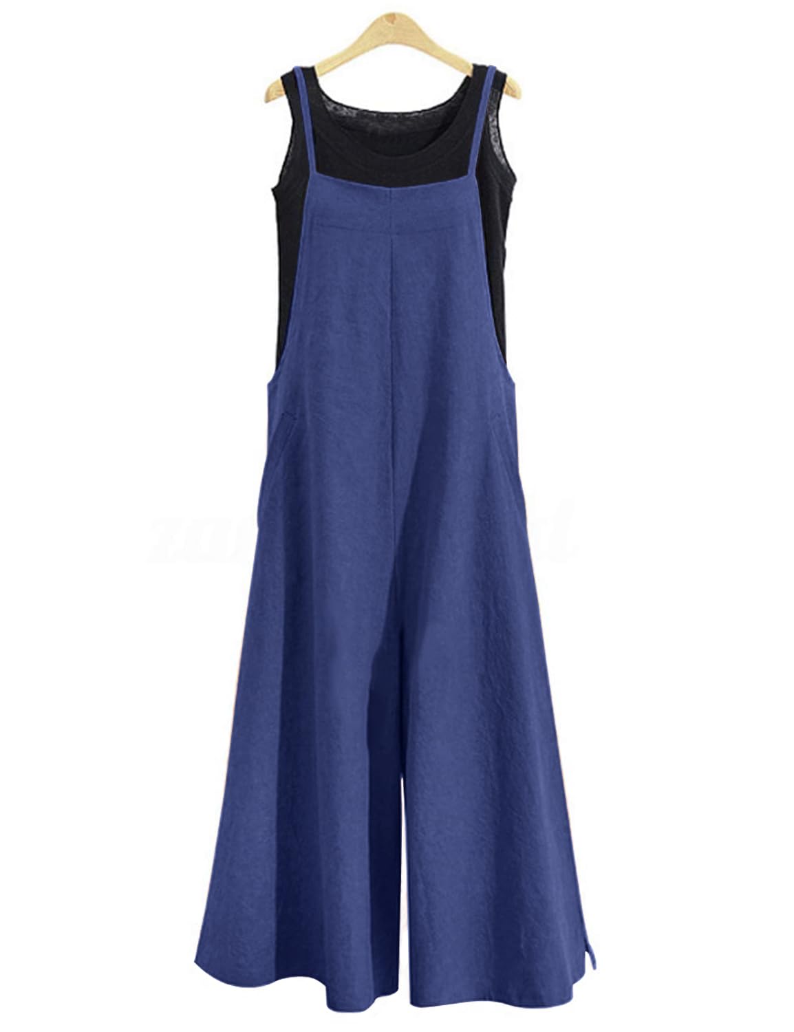 YESNO Women Casual Loose Long Bib Pants Wide Leg Jumpsuits Baggy Cotton Rompers Overalls with Pockets (M PZZTYP2 Navy Blue)