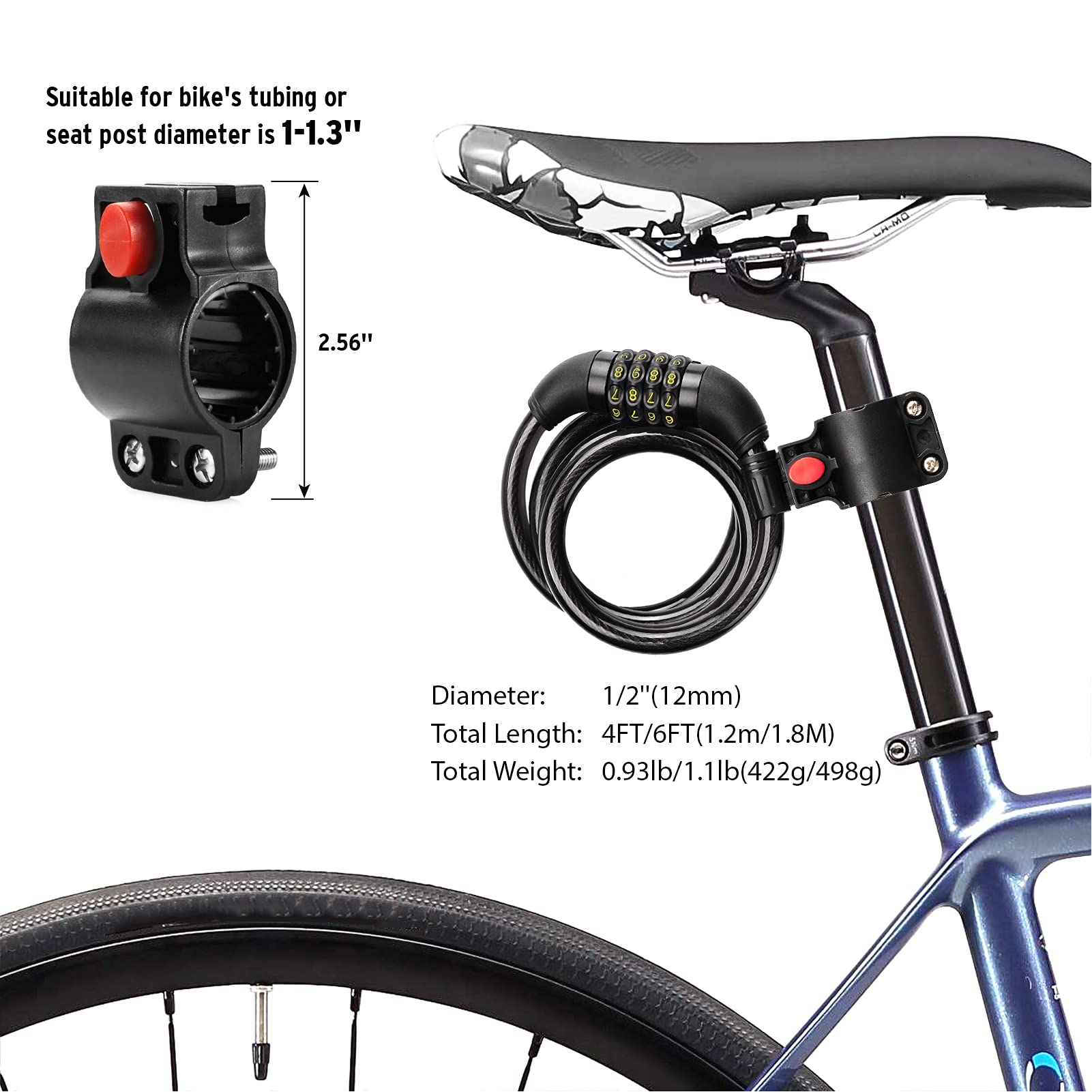Titanker Bike Lock, 4 Feet Bike Locks Cable, Secure Resettable Combination Bike Lock with Mounting Bracket, 1/2 Inch Diameter
