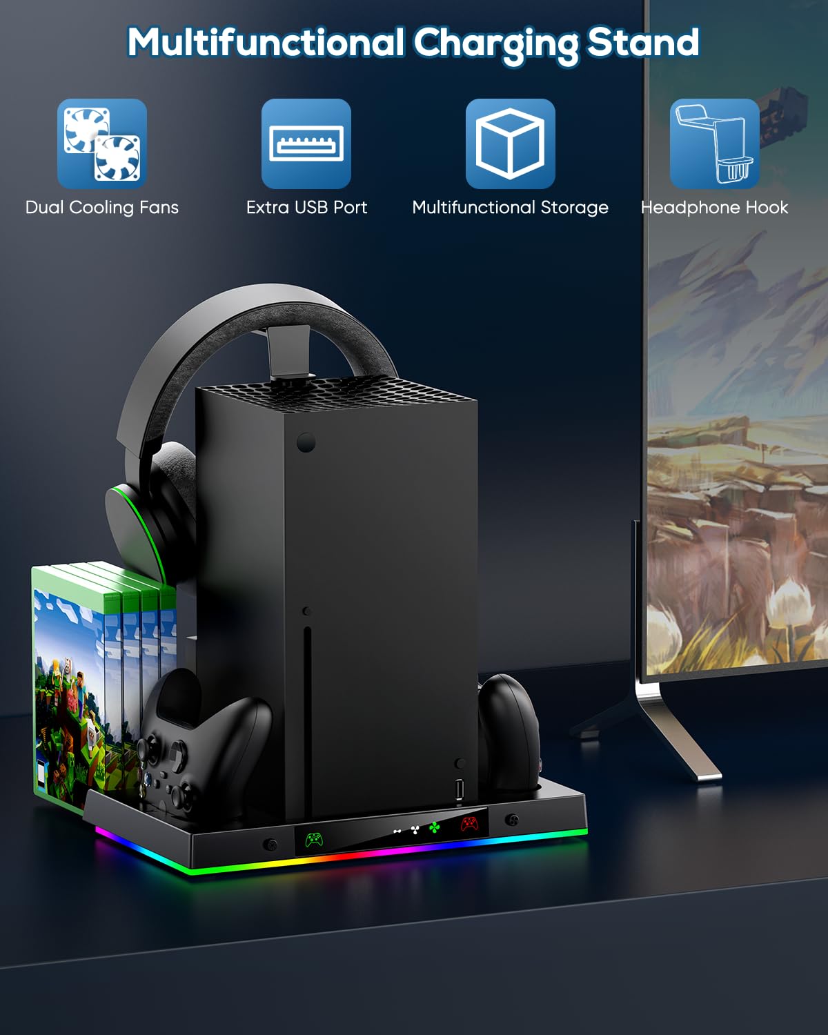 Upgrade Cooling Fan & Dual Charging Stand for Xbox Series X Console & Controller,Cooler Charger Station System for Series X with 15 RGB Lights,2 x 1400mAh Rechargeable Battery,Disc Accessories Storage