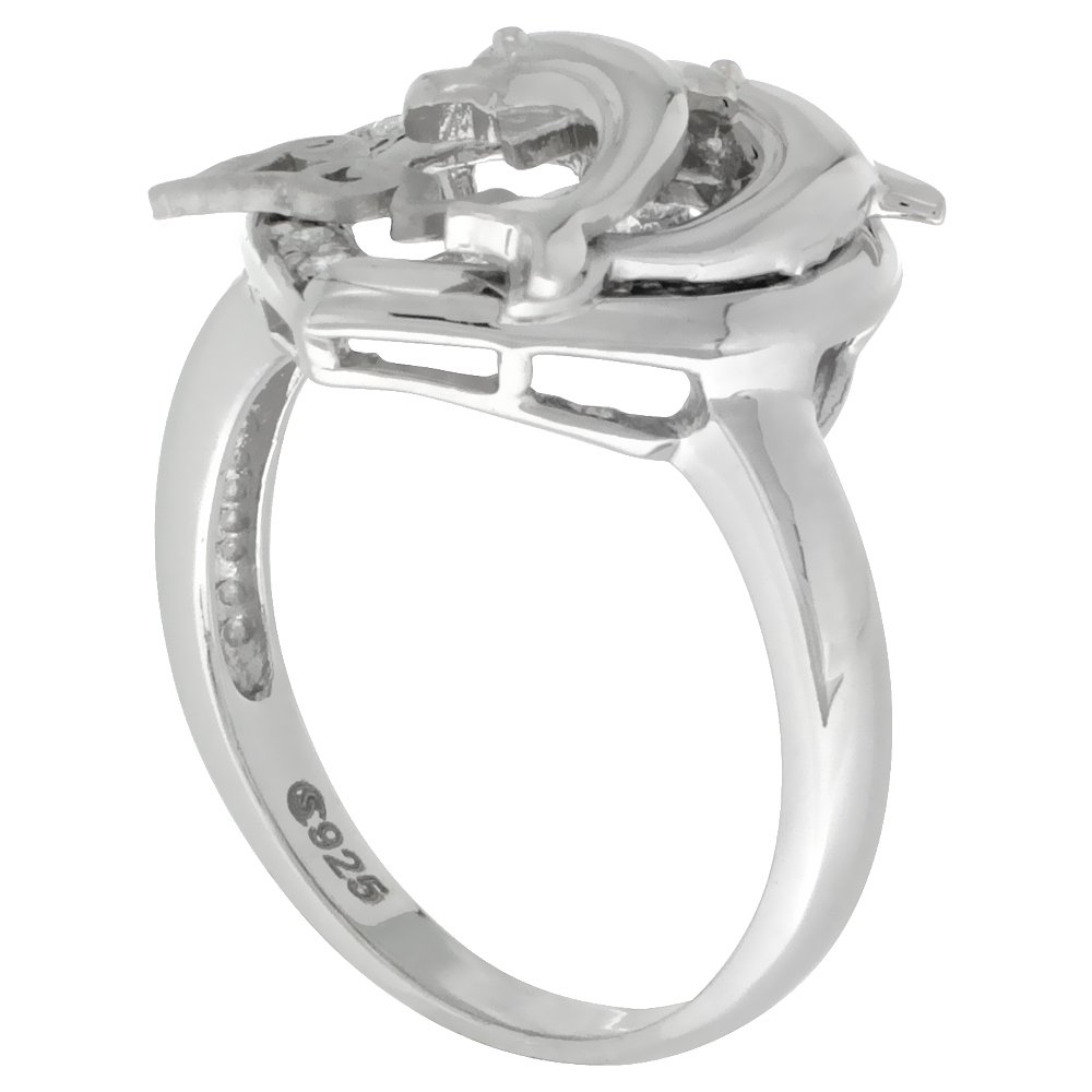 Sterling Silver DOLPHINS HEART LOVE Ring CZ stones Rhodium Finished, size 6