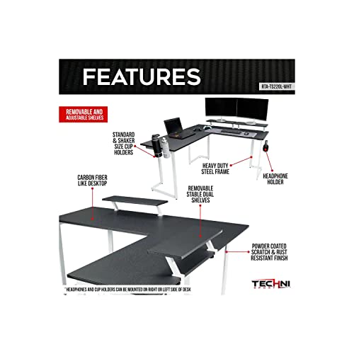 Techni Sport Warrior L-Shaped Gaming Desk with MDF Panel, Computer Desk with Scratch Rust Resistance Steel Frame, White