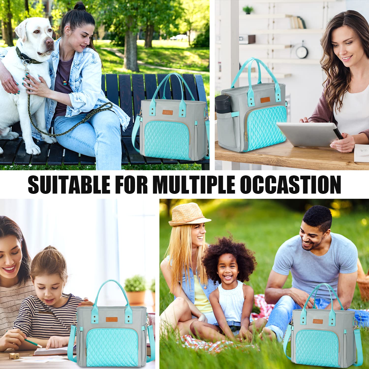 Yitote Cute Lunch Bag with Bottle Holder For Women Insulated with 4 Icepacks, ,Lunch Box with Adjustable Shoulder Strap For Work (Green Gray)