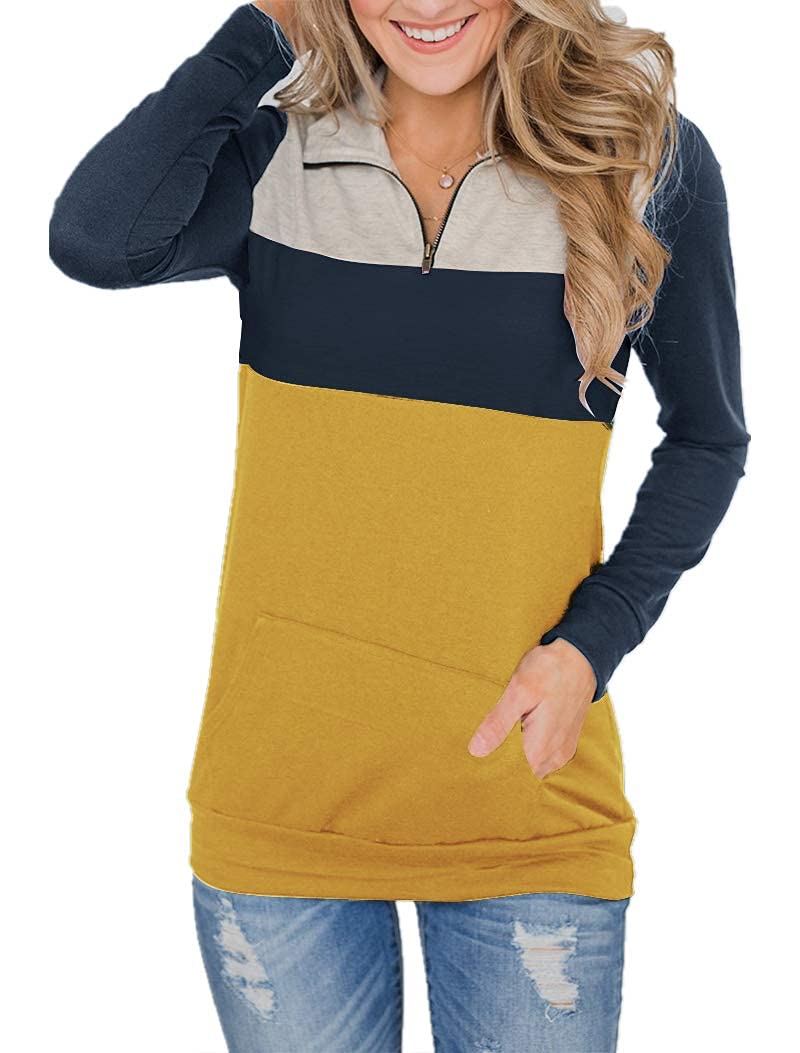 Uincloset Women's Casual Triple Color Block Long Sleeve 1/4 Zip Pullover Loose Lightweight Tops Sweatshirts with Pocket