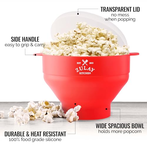 Zulay Kitchen Large Microwave Popcorn Maker - BPA-Free Silicone Popcorn Popper - Microwave Collapsible Bowl With Lid - Family Size Microwave Popcorn Bowl - 15 Popcorn Cup Capacity (Red)