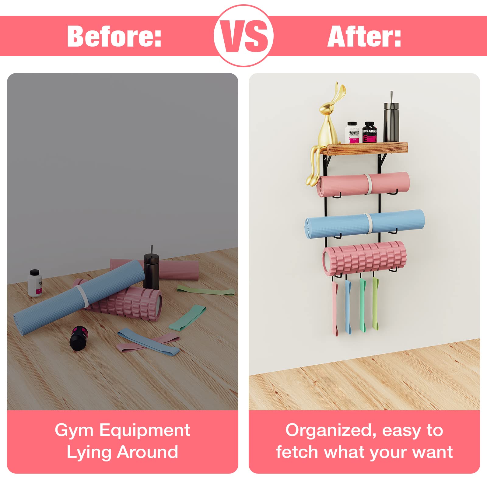 Yoga Mat Holder Wall Mount, Yoga Mat Storage with 4 Hooks, Home Gym Accessories with Wood Floating Shelf Decor Wall Hanger 4-Layer Organizer Rack for Foam Roller Resistant Bands Workout Equipments