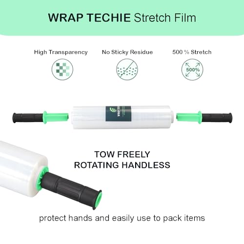 WRAP TECHIE Stretch Wrap Film with Handles, 15 Inch x 1000 Feet Plastic Wrap for Moving, Industrial Strength Shrink Wrap Roll for Pallet Wrap, Packing Supplies for Moving, 60 Gauge, 2 Pack, Clear