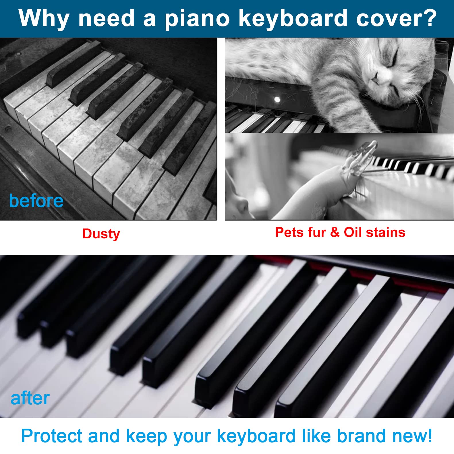 WOMACO Piano Keyboard Cover Stretchy Plush Velvet Dust Cover for 76-88 Keys Digital Piano Keyboard (Black)