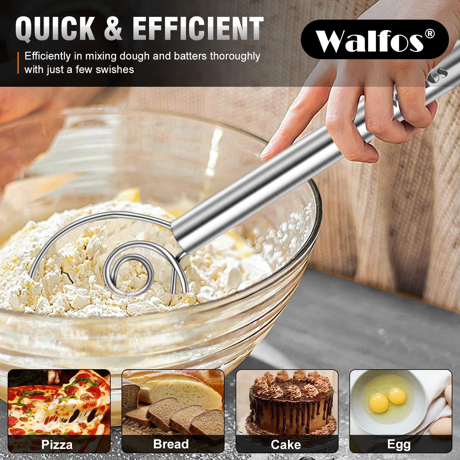 Walfos Danish Dough Whisk, Rustproof Stainless Steel Bread Whisk, Quick Mixing Bread Mixer, Dutch Dough Whisk for Cooking, Blending, Whisking, Stirring, Sourdough, Pizza, Pastry, Cake Batter(2pcs)