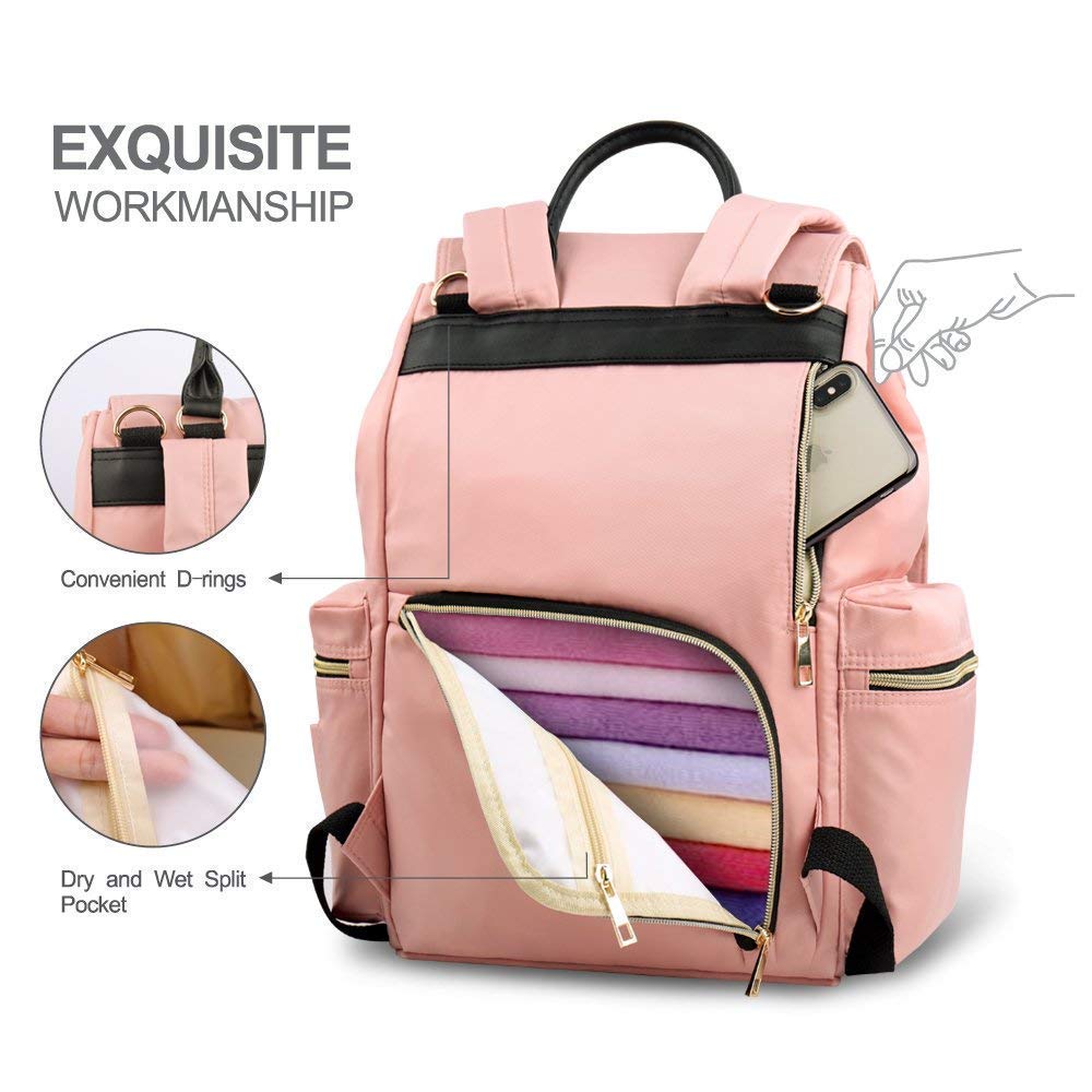 Vogshow Waterproof Diaper Bag, Multifunction Stylish Travel Backpack with 2 Stroller Hooks, Pink