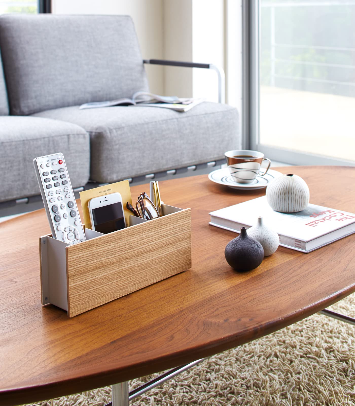 YAMAZAKI Caddy Home Desk Tv Pen Holder | Steel + Wood | Remote Control & Tablet Organizer, Small, Ash