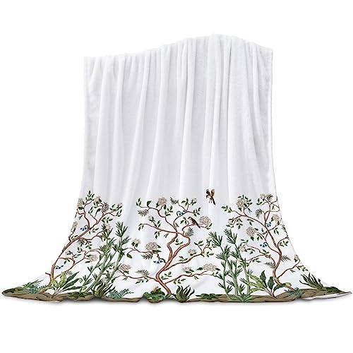 Throw Blanket,Flower Bird Plant Leaves Print White Super Soft Microfiber Warm Blanket for Couch Lightweight Blanket for Bed Chairs 50x60 Inch