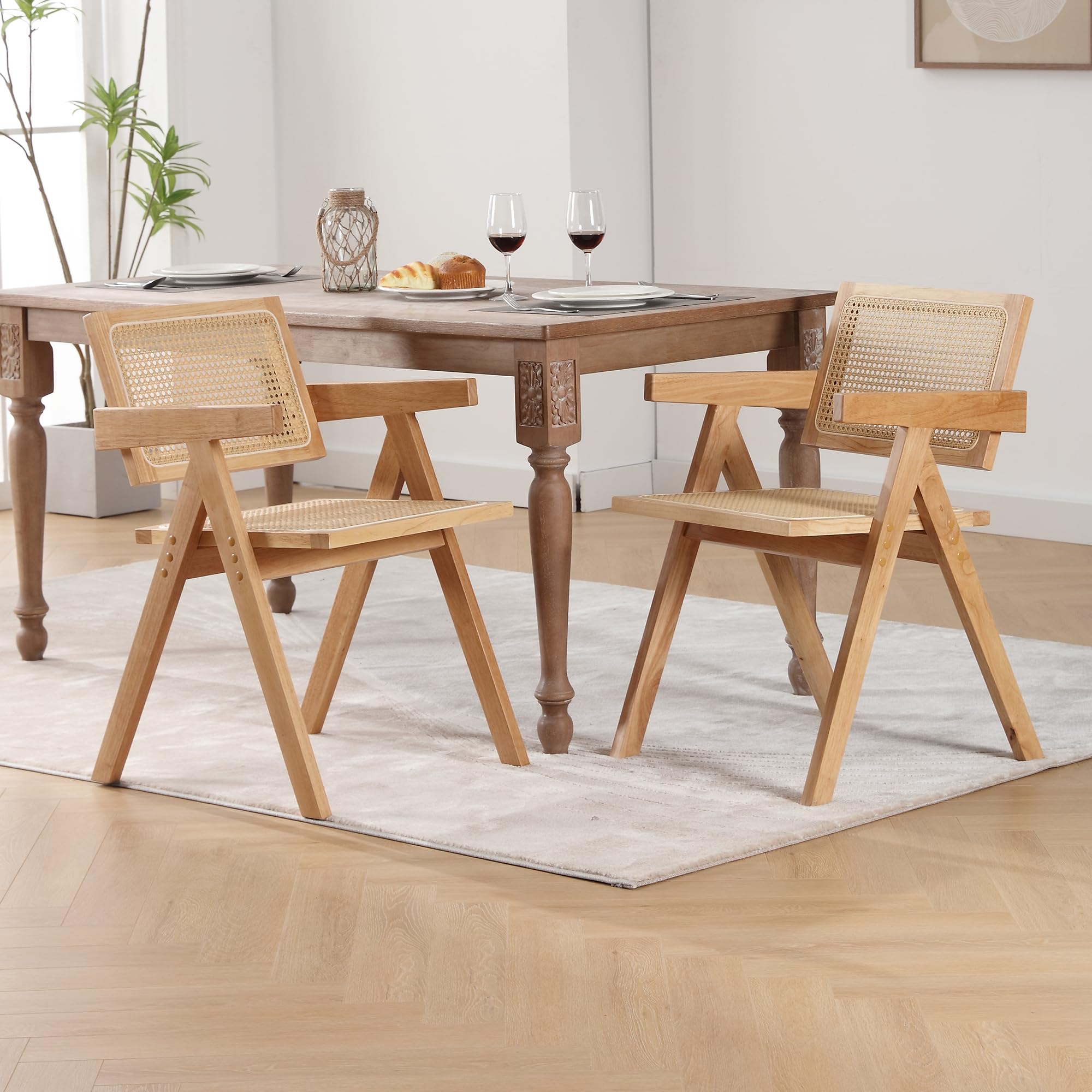 Westice Rattan Dining Chairs Set of 6, Wooden Kitchen Chairs with Faux Cane Seat & Backrest, Solid Wood Legs, Comfy Farmhouse Retro Side Chair for Indoor Dining Room, Natural