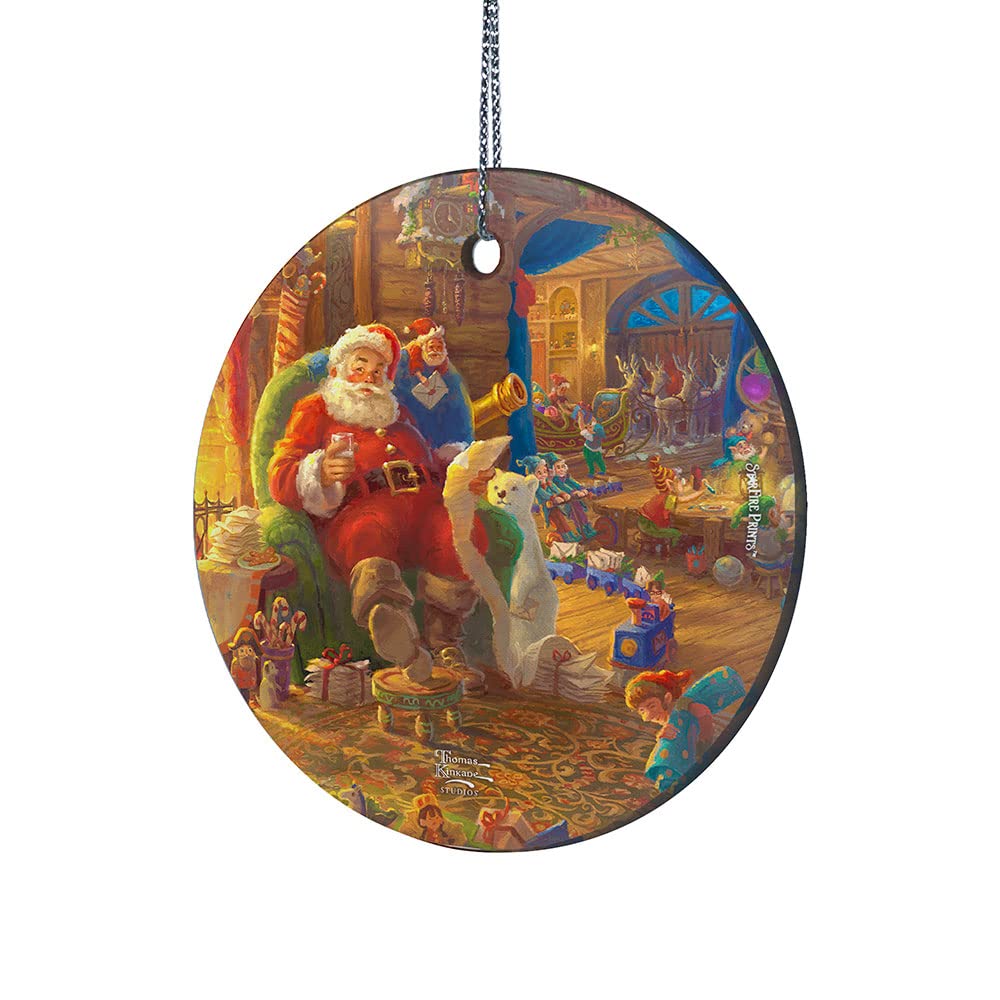 Thomas Kinkade - Santa’s Workshop - Checking His List - 3.5” Starfire Prints Hanging Glass Print Accessory – Officially Licensed Collectible | Complimentary Velveteen Gift Bag