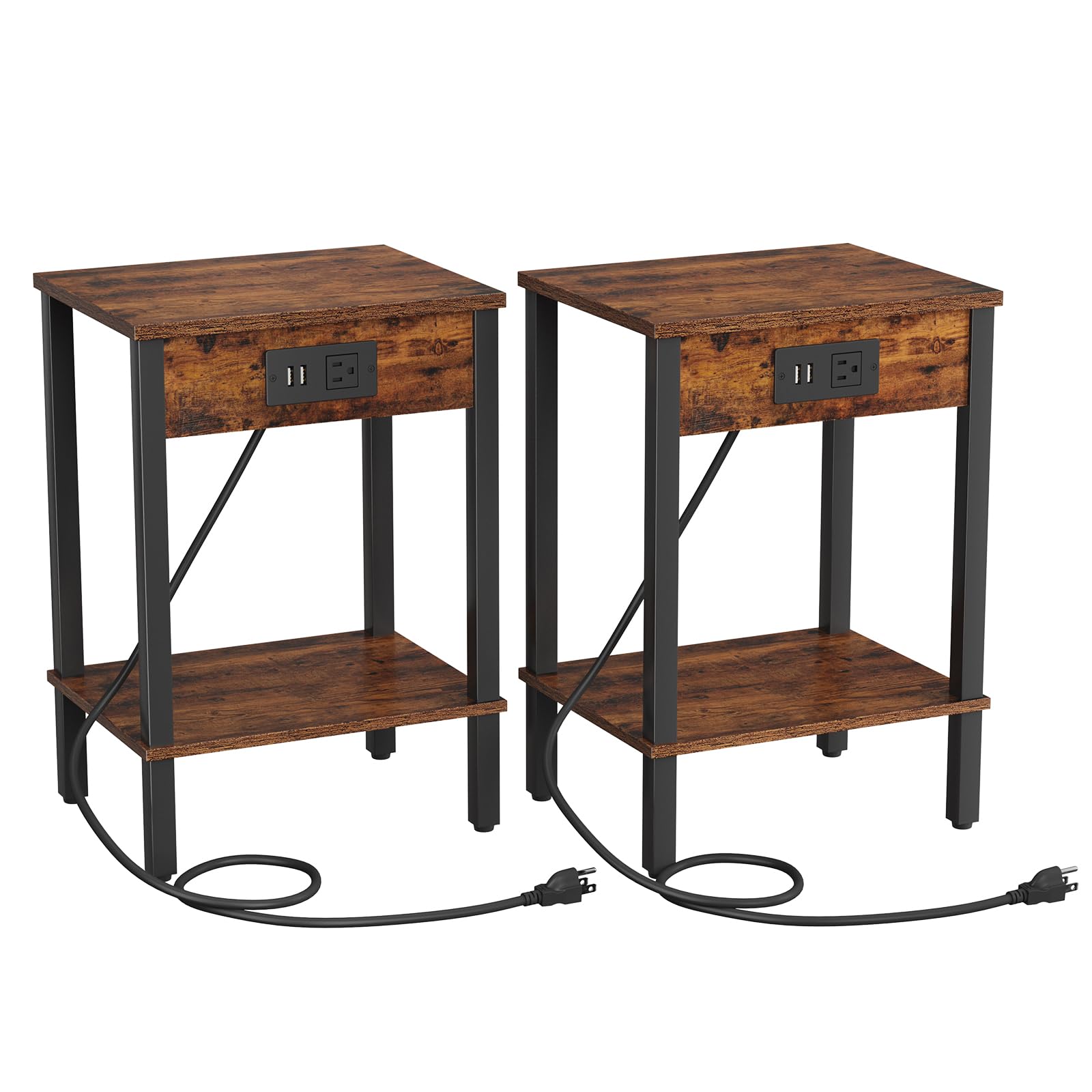 VIMBER Set of 2 End Table with Charging Station, Narrow Side Table with USB Ports and Outlets, Nightstands with 2-Tier Storage Shelves, Sofa Table for Small Space Living Room Bedroom