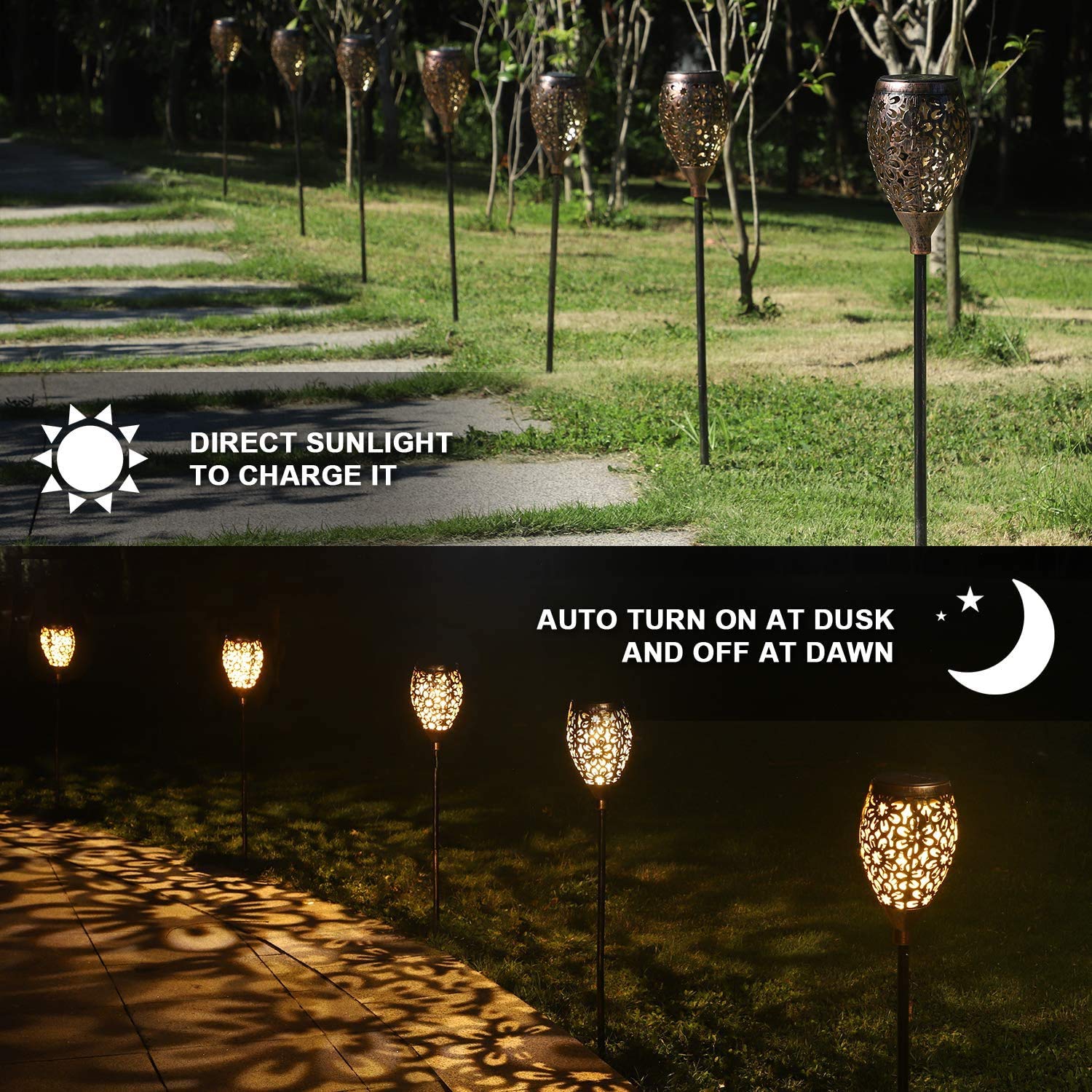 Ulmisfee Garden Solar Lights Pathway Outdoor Solar Lantern Stakes Lights Waterproof Warm White LED Decorative Metal Lamp for Christmas, Yard, Lawn, Patio, Courtyard (2 Pack Solar Pathway Lights)