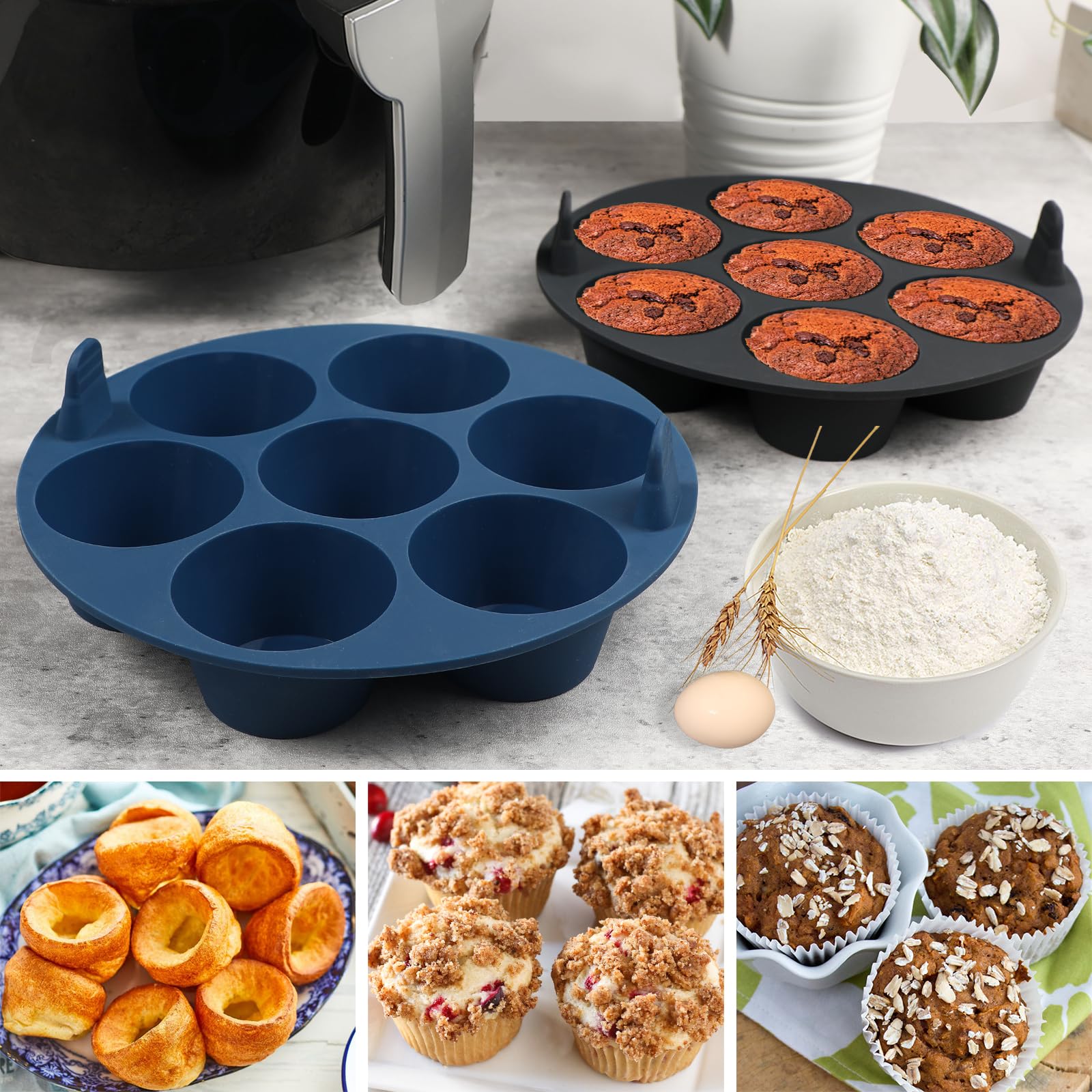 Webake 2PCS Silicone Air Fryer Muffin Pan for Baking 7 Cavity Air Fryer Silicone Cupcake Pans Non Stick Food Grade and BPA Free Muffin Tins Baking Cups