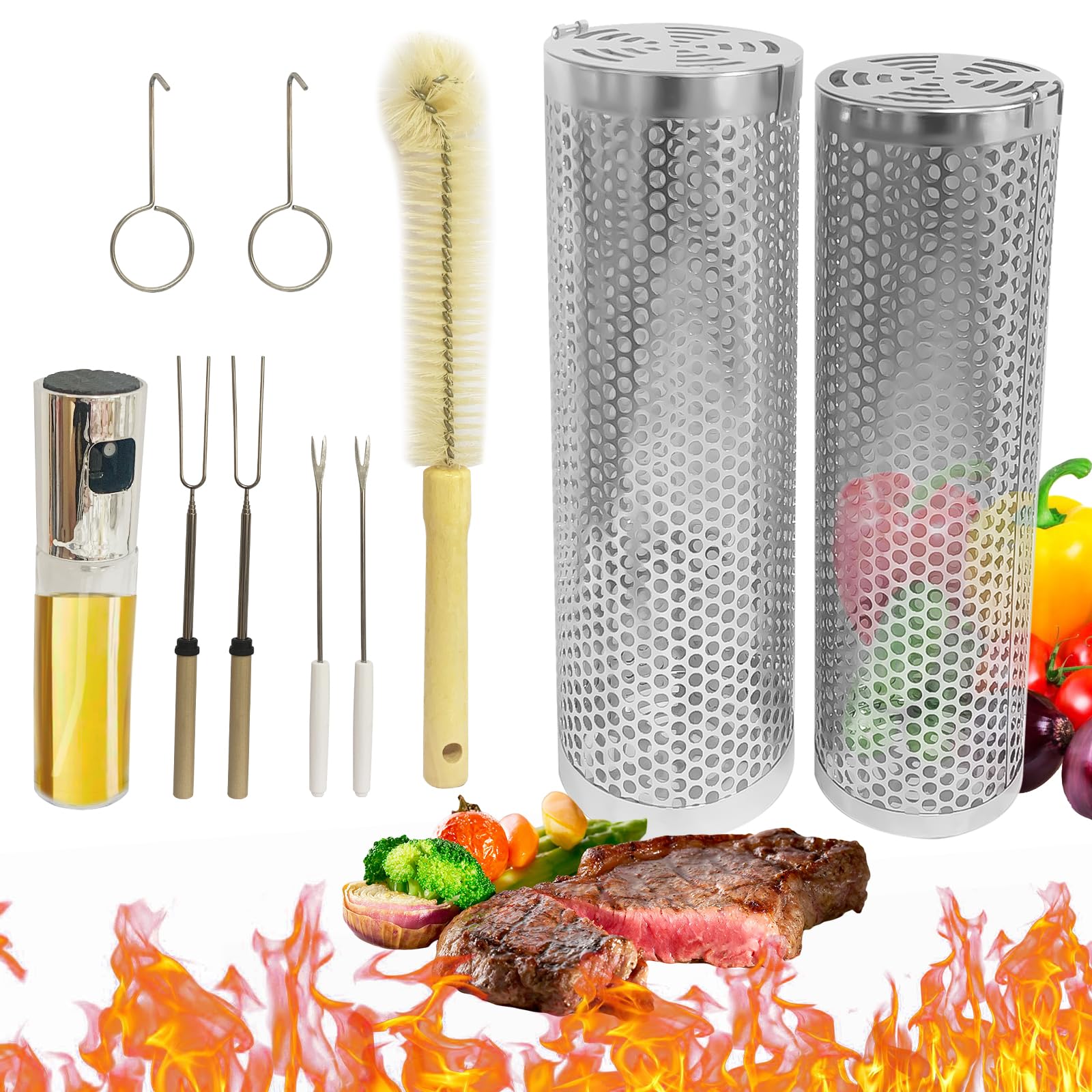 Vilopin Rolling Grilling Baskets for Outdoor Grill BBQ,Net Tube,Stainless Steel Large Round Mesh Rotation Barbecue Cylinder Cage Cooking Accessories for Veggies Fish Meat Food Camping Family Picnic