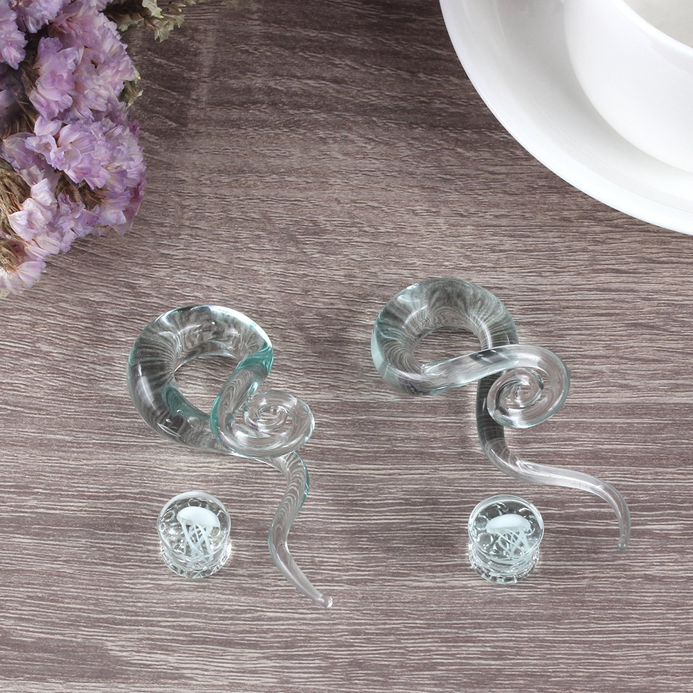TOPBRIGHT 0G 00G 1/2 inch Spiral Glass Tapers with Jellyfish Ear Expander Plugs Glass Ear Piercing Gauges