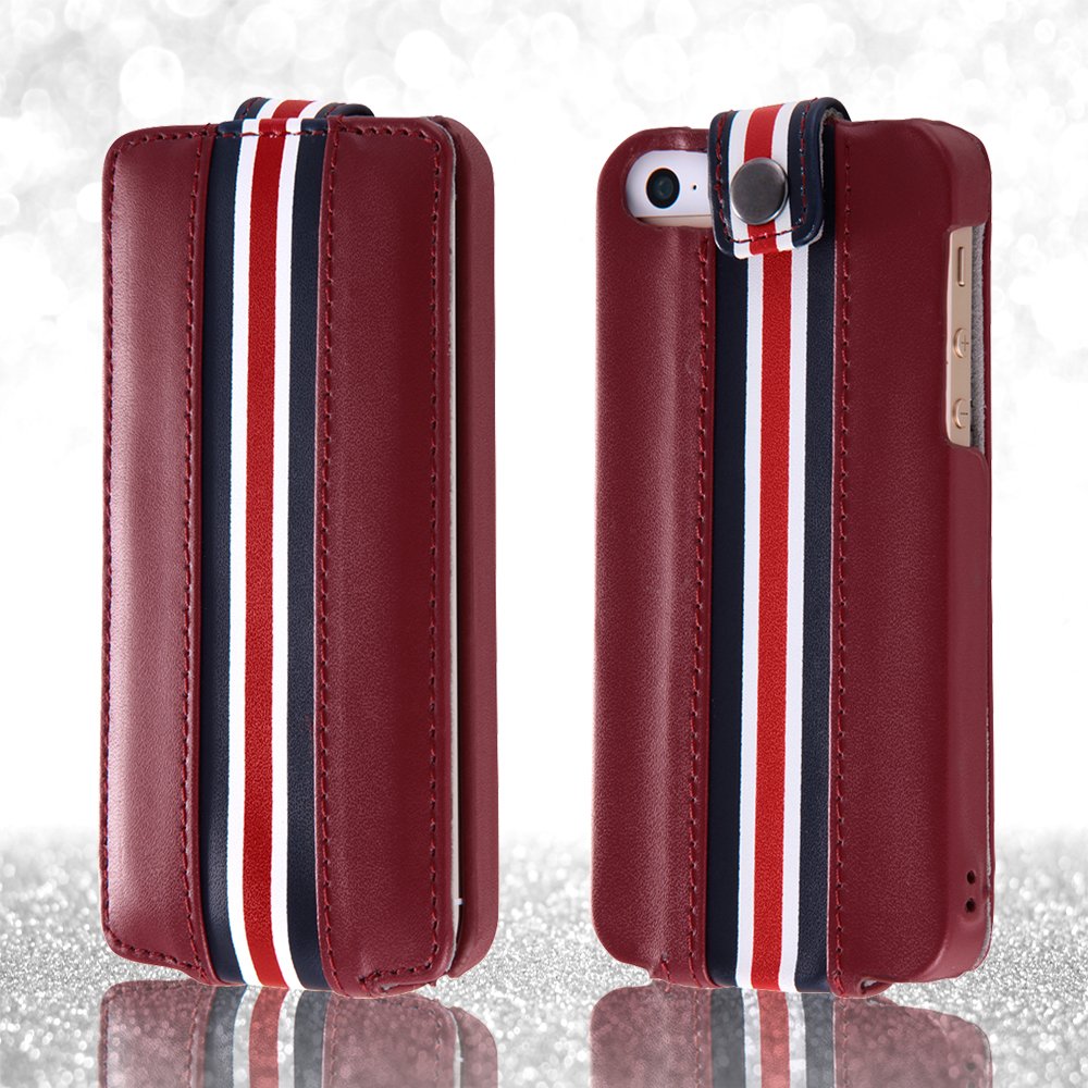 Synthetic Leather Flap Style Case for iPhone 5 (Red/Red Navy Line)