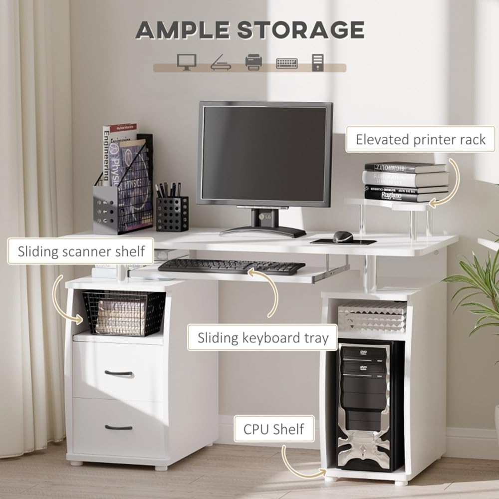 White Computer Desk with Storage Shelves Monitor Stand Keyboard Tray, Home Office Desk, Simple Modern Style Laptop Desk for Small Space, Office Desk with Adjustable Monitor Stand Study Writing Table