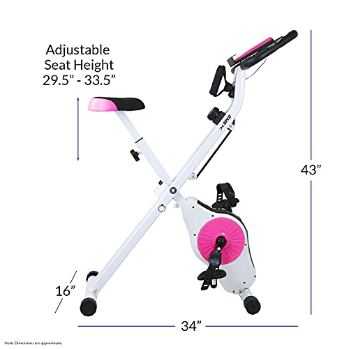 Xspec Indoor Foldable Stationary Upright Exercise Cardio Workout Cycling Bike with 16 Level Resistance & Arm Resistance Bands, Magenta