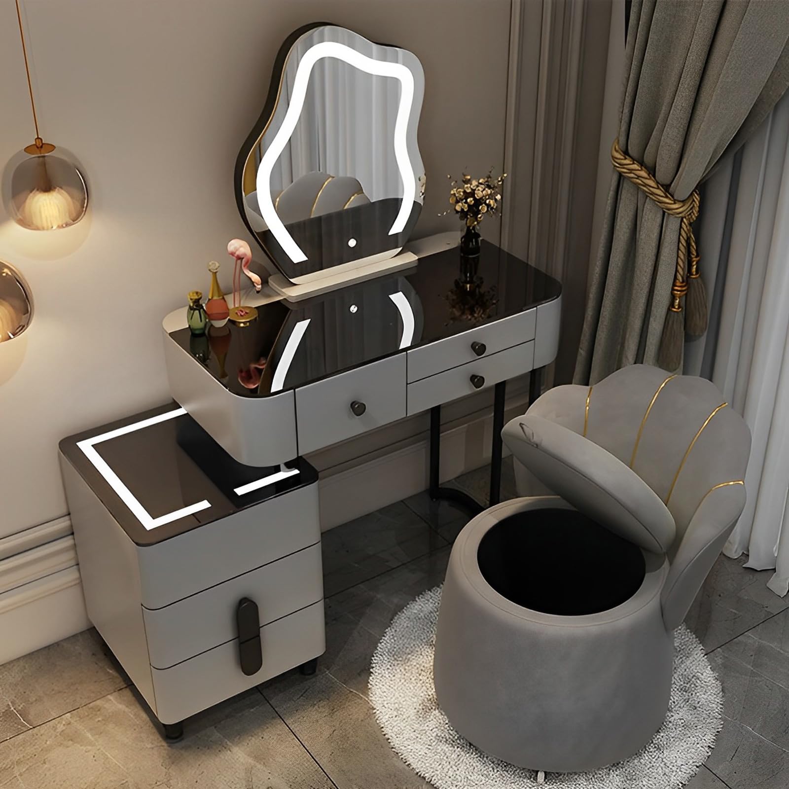 Winfree Smart Makeup Desk,Multifunction Vanity Table Set with 5 Drawers, LED Light Makeup Mirror and Storage Chair, Vanity Set with Adjustable Lighted Mirror for Girls(Noble Gray) (31.5in)