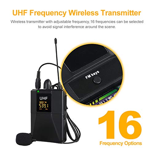 XTUGA X-CM012 UHF Dual Wireless Lavalier Microphone, UHF Lapel Mic System with 16 Selectable Channels Come with Two 3.5mm Cables up to 164ft Range for DSLR Camera/DV/Camcorders/Audio Recorder