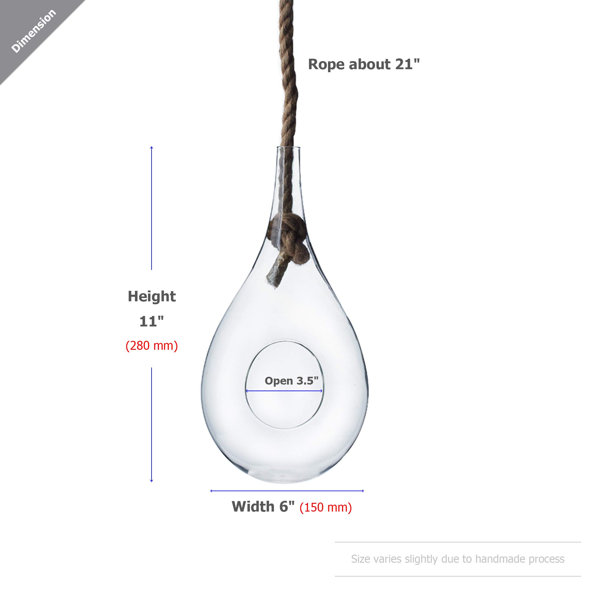 WGV Hanging Planter Terrarium, Width 6", Height 11", DIY Clear Glass Succulents Air Teardrop Floral Container (Including Rope), Candle Holder Vase for Outdoor Indoor Decor, 1 Piece