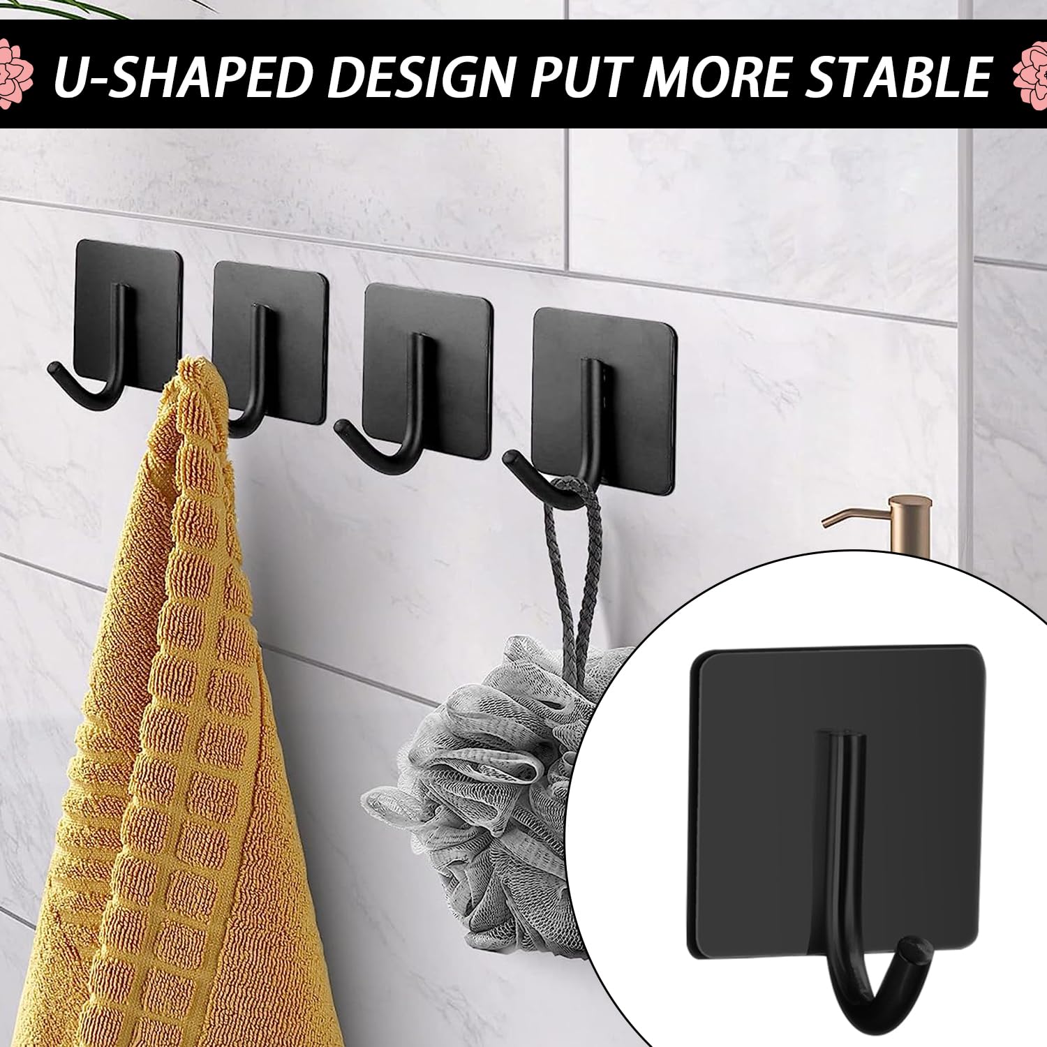 Tiankohelan 4 Pcs Stainless Steel Towel Hooks for Bathroom Kitchen Bedroom Door (Black)
