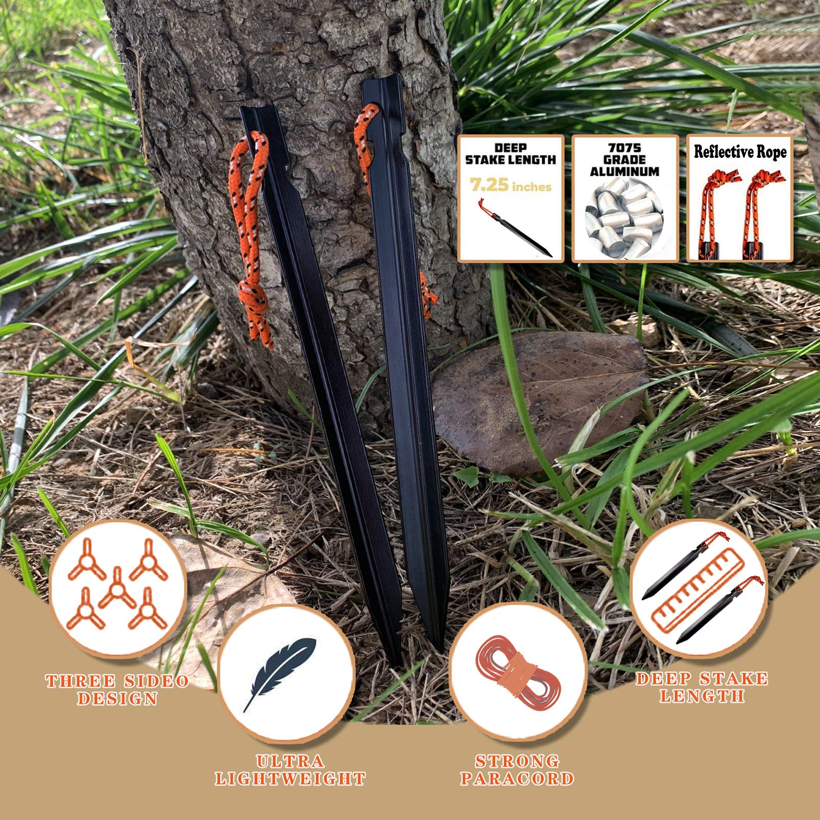 Tent Stakes,7075Aluminium Tent nail lightweight with Reflective Rope 12-Piece