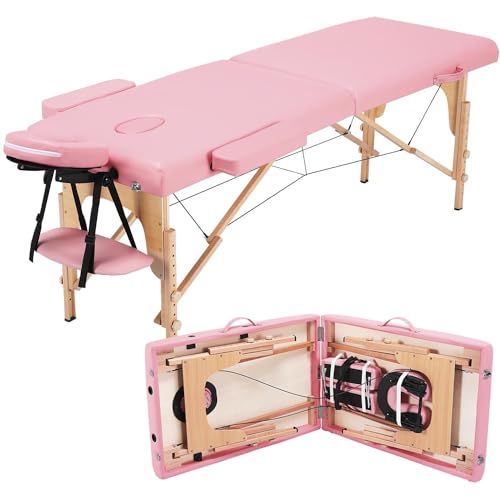 Yaheetech Spa Bed Portable Lash Bed Massage Bed Foldable Spa Tables Adjustable 2 Fold with Non-Woven Bag, Pink