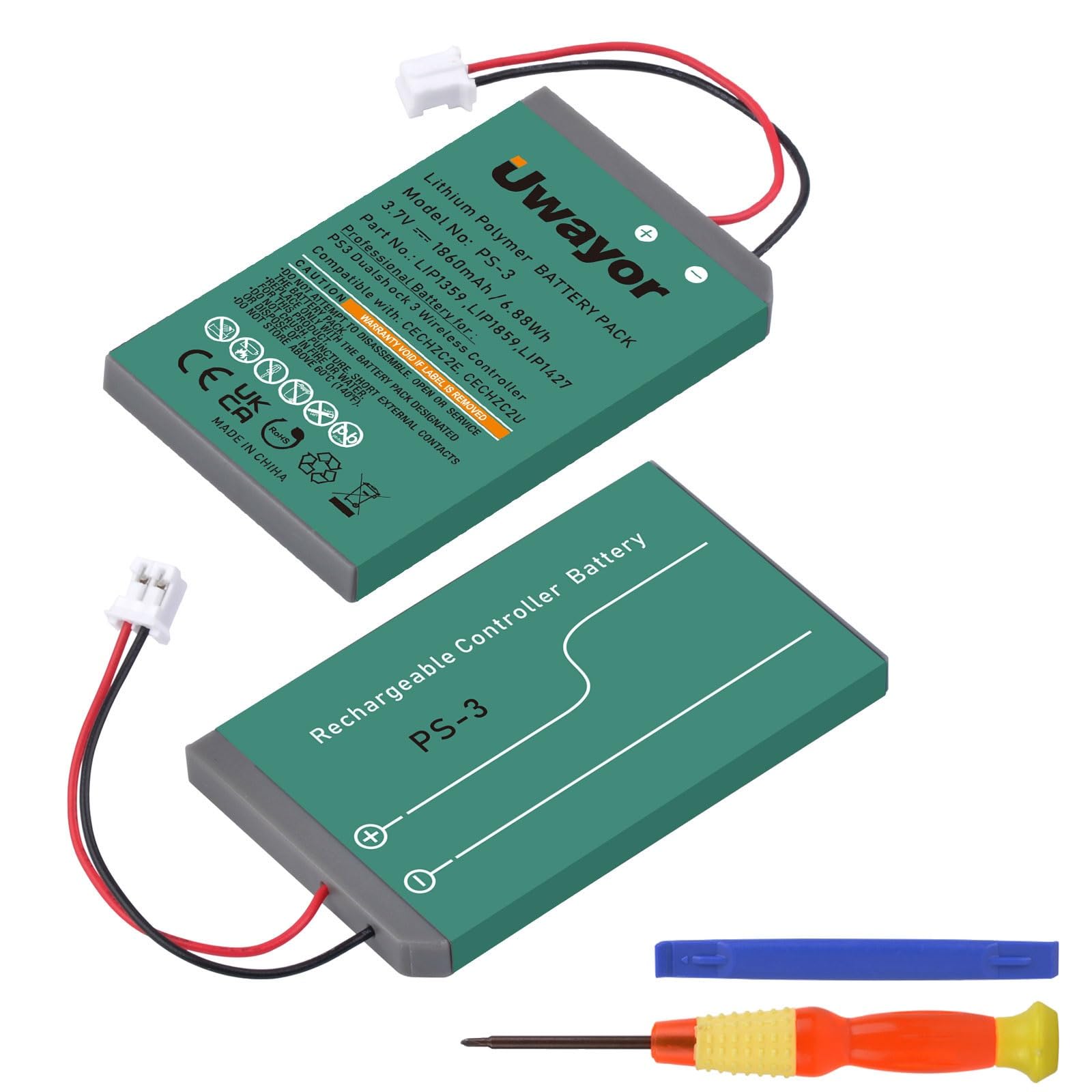 Uwayor 2 Pack PS3 Battery for Sony Playstation 3 PS3 Dualshock 3 Controller CECHZC2E CECHZC2U, 1860mAh PS3 LIP1859 Replacement Battery with Tools