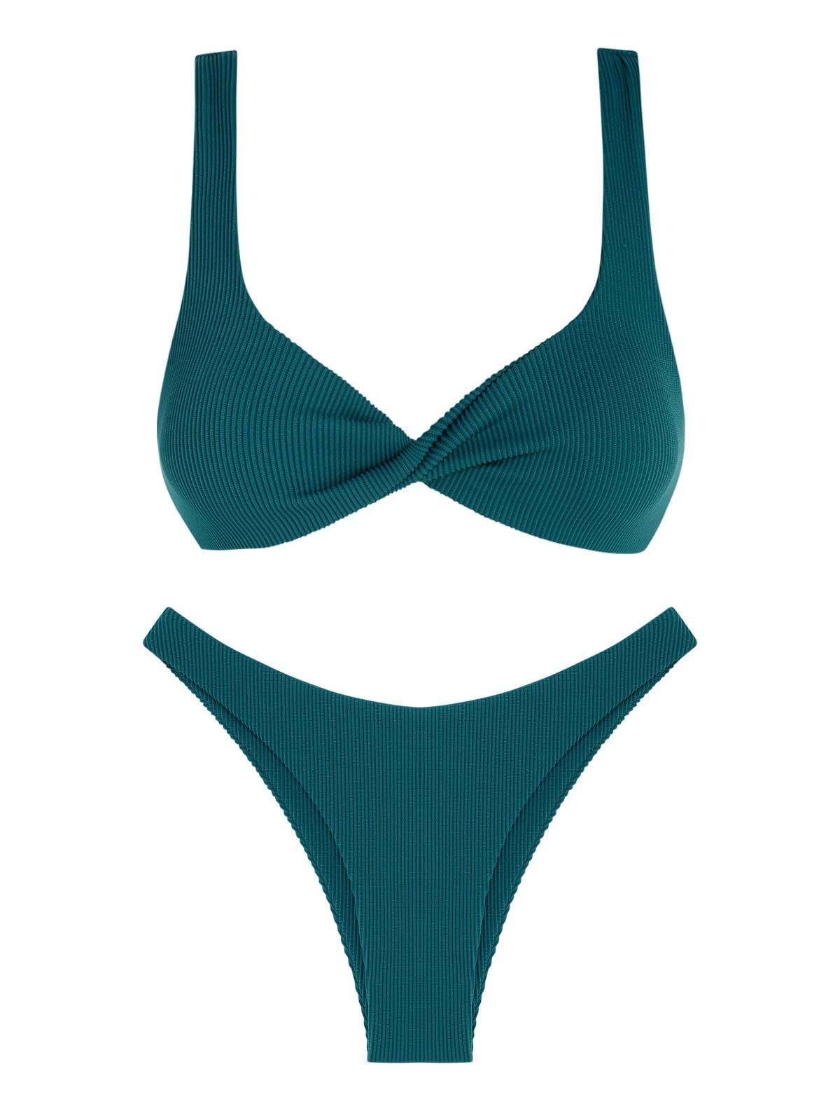 ZAFUL Ribbed Twisted Front Bikini Set for Women Cute Scoop Neck Textured Two Piece Swimsuits Sport Tank Bathing Suit(Deep Green,M)