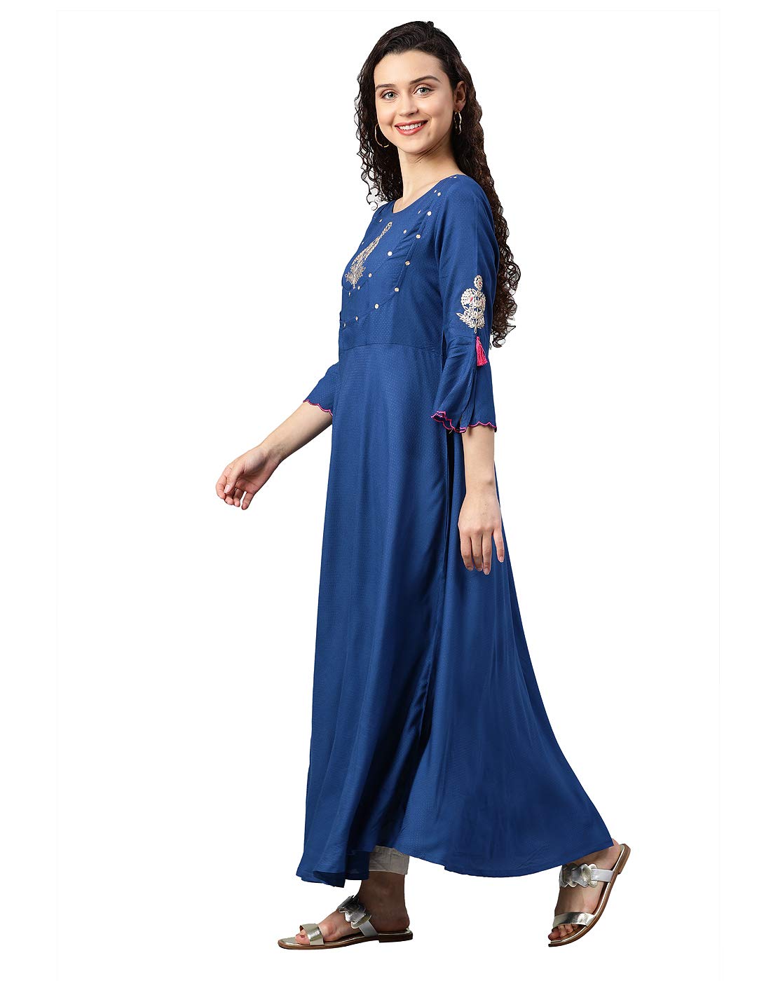 Yash Gallery Indian Rayon Embroidered Regular Kurtis for Women (Blue)