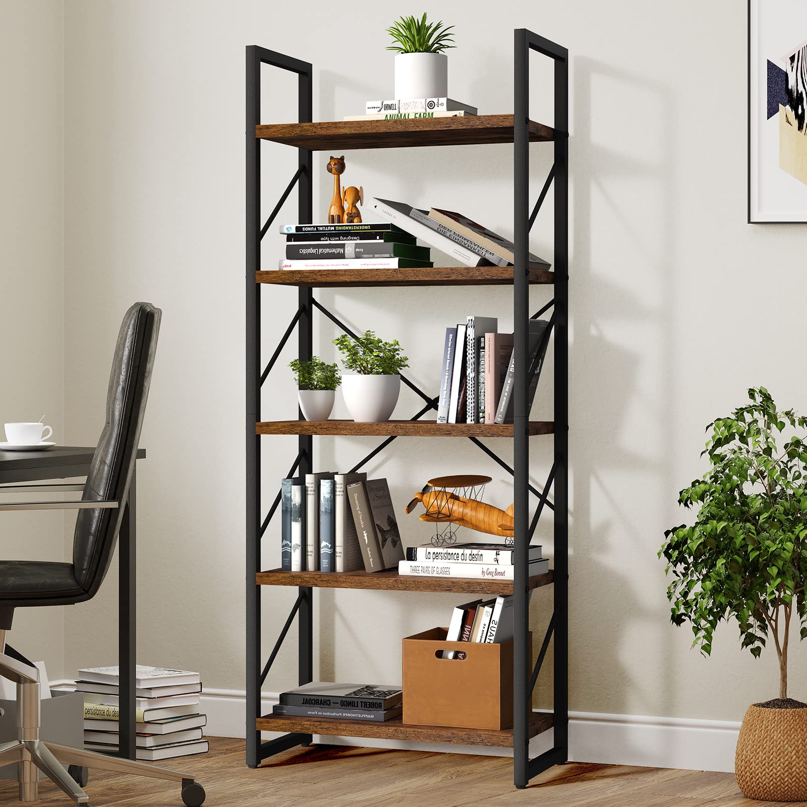 YITAHOME 5 Tier Bookcase, Artsy Modern Bookshelf, Book Rack, Storage Rack Shelves & 5 Tiers Bookshelf, Artsy Modern Bookcase, Book Rack, Storage Rack Shelves Books Holder Organizer - Rustic Brown