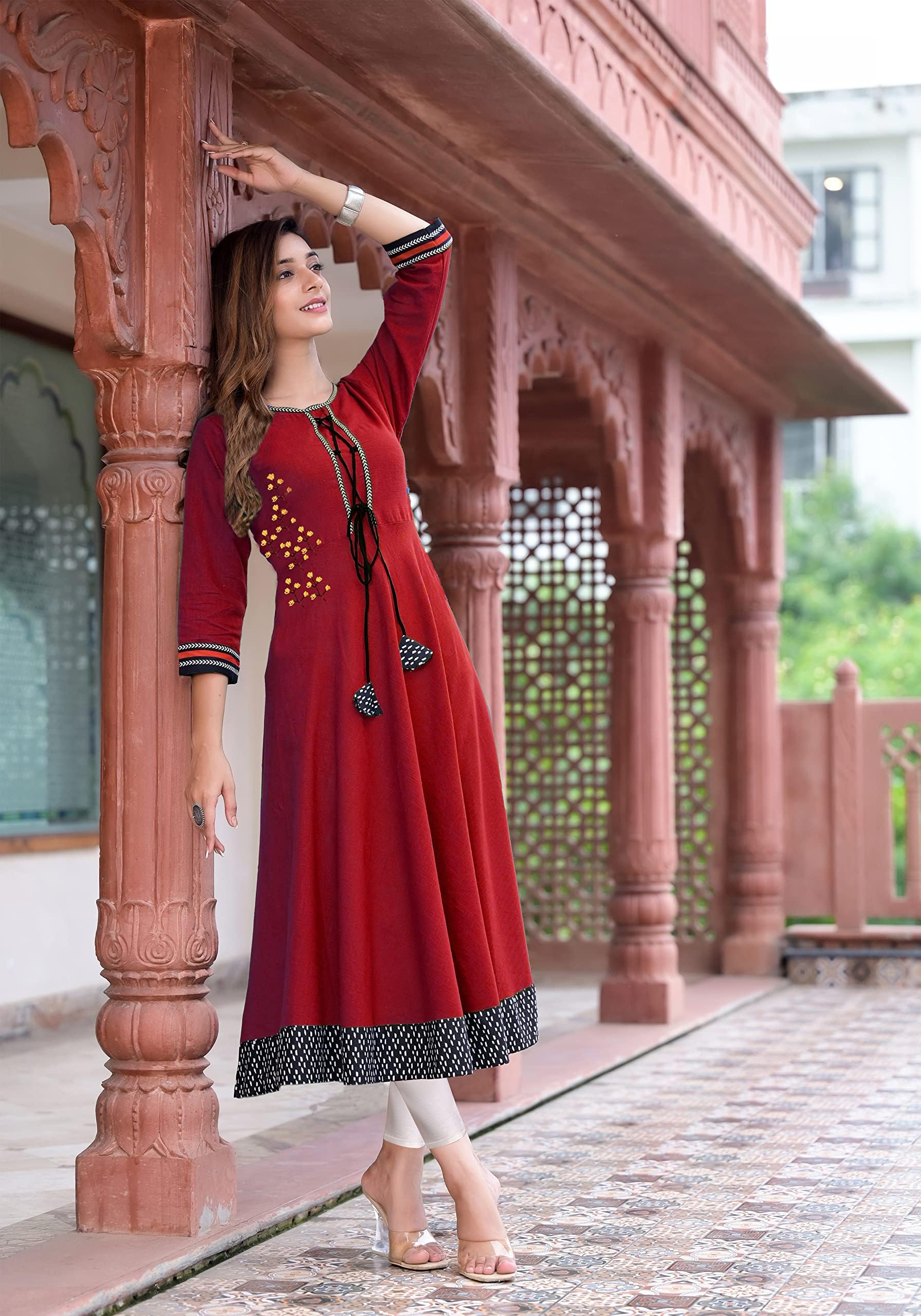 Yash Gallery Women's Cotton Slub Embroidered 3/4 Sleeve Round Neck Anarkali Kurtis (US, Alpha, Large, Regular, Regular, Maroon)