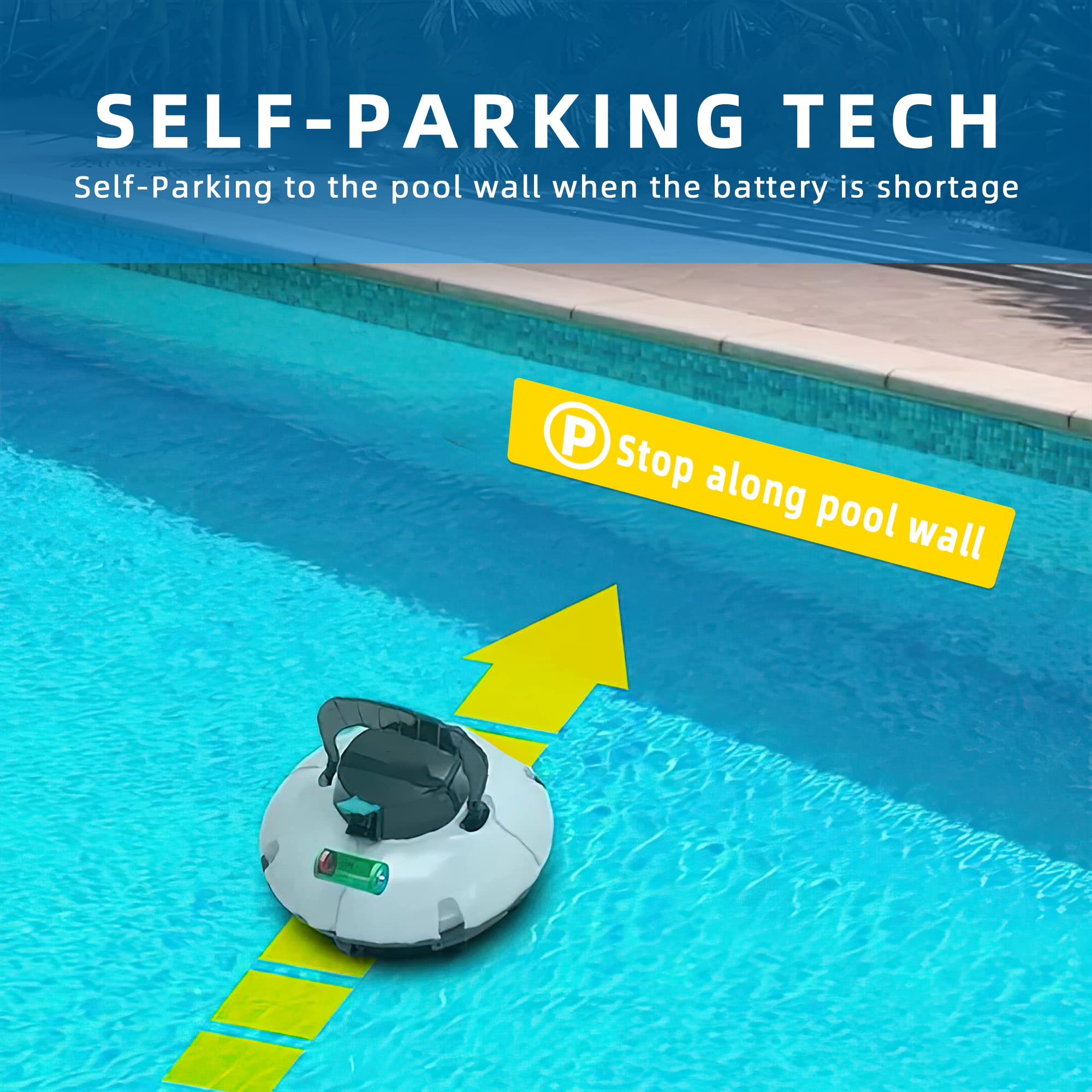Yoyomax Cordless Robotic Pool Cleaner, Auto Dock Self Parking w/Dual-Drive Motors, Lightweight, IPX8 Waterproof, Perfect for Above-Ground/In-Ground Flat Pools up to 40FT (Lasts 60 Mins) White