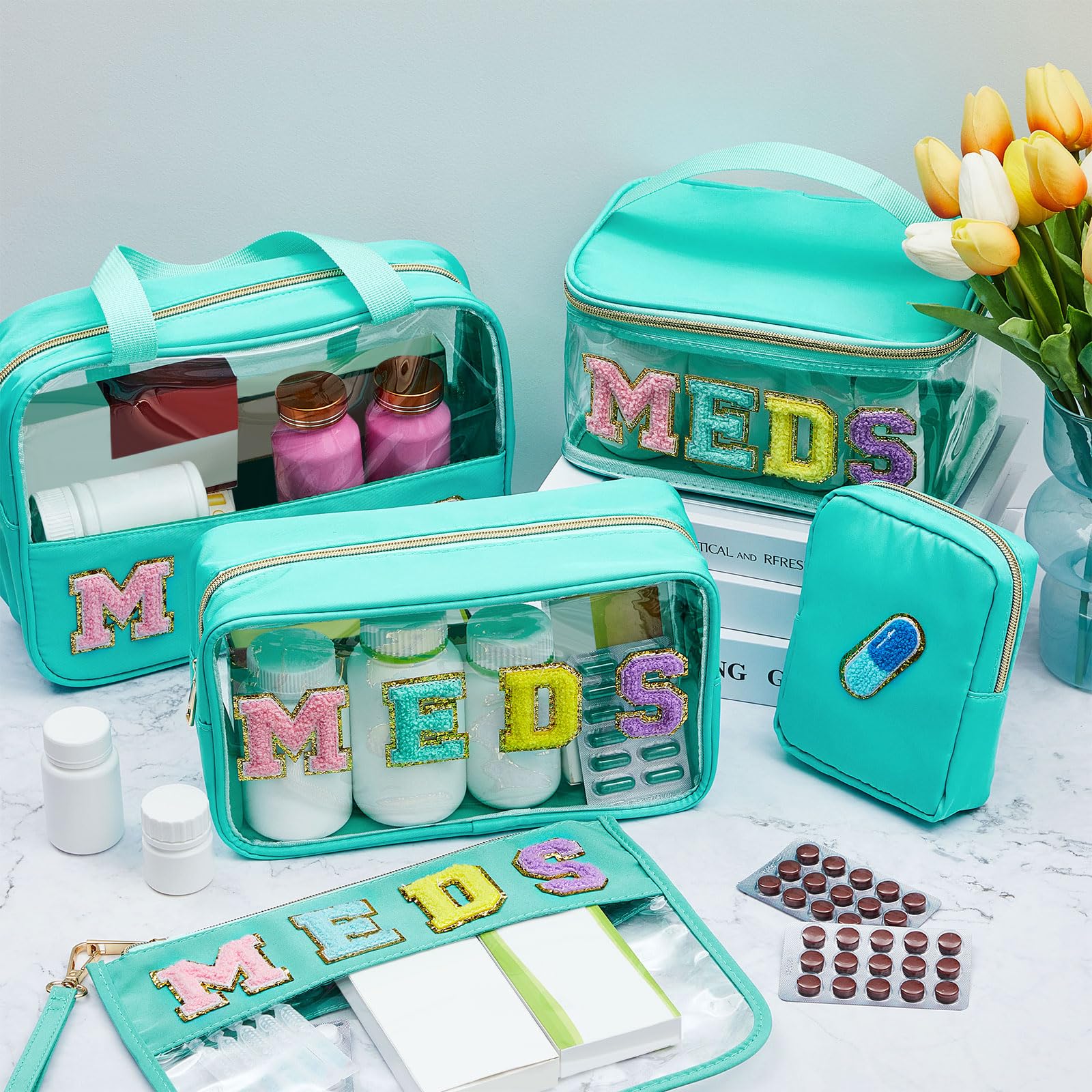 Talltalk 5 Pcs Chenille Letter Bag MEDS Makeup Pouches with Zipper Clear Cosmetic Toiletry Nylon Waterproof PVC Preppy Makeup Organizer Portable Plastic Pouches for Travel Makeup Case with Handle