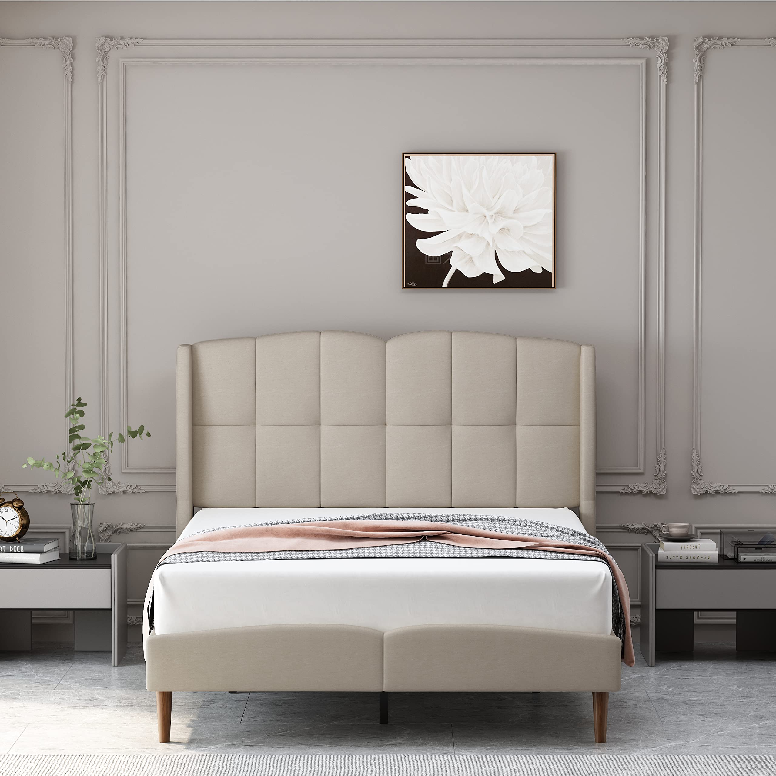 Zanmintaobo Upholstered Platform Bed Frame/Mattress Foundation/Wood Slat Support/No Box Spring Needed/Easy Assembly (Full, Beige)
