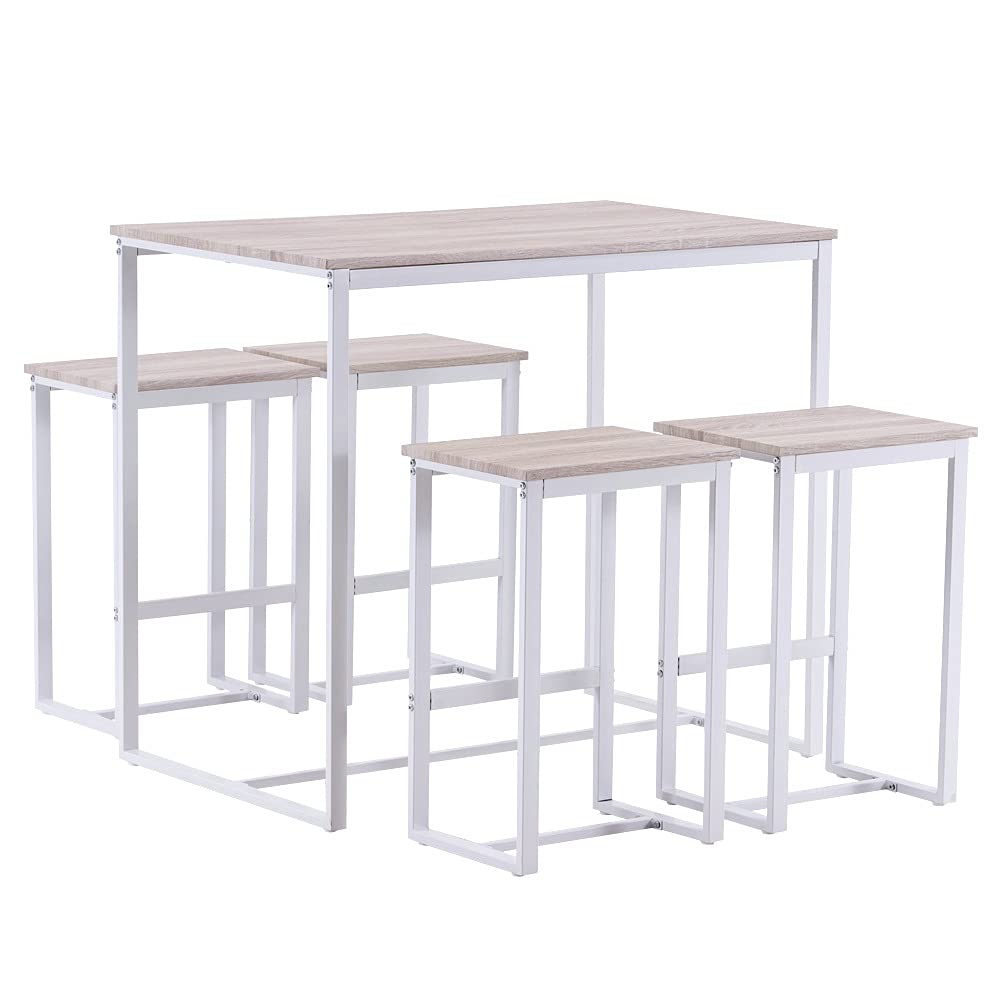 WFHTU Dining Table Set (100 x 60 x 87) cm Oak Simple 87cm High Bar Table and Chairs Set of 5 PVC Paper Lacquered White Matte White