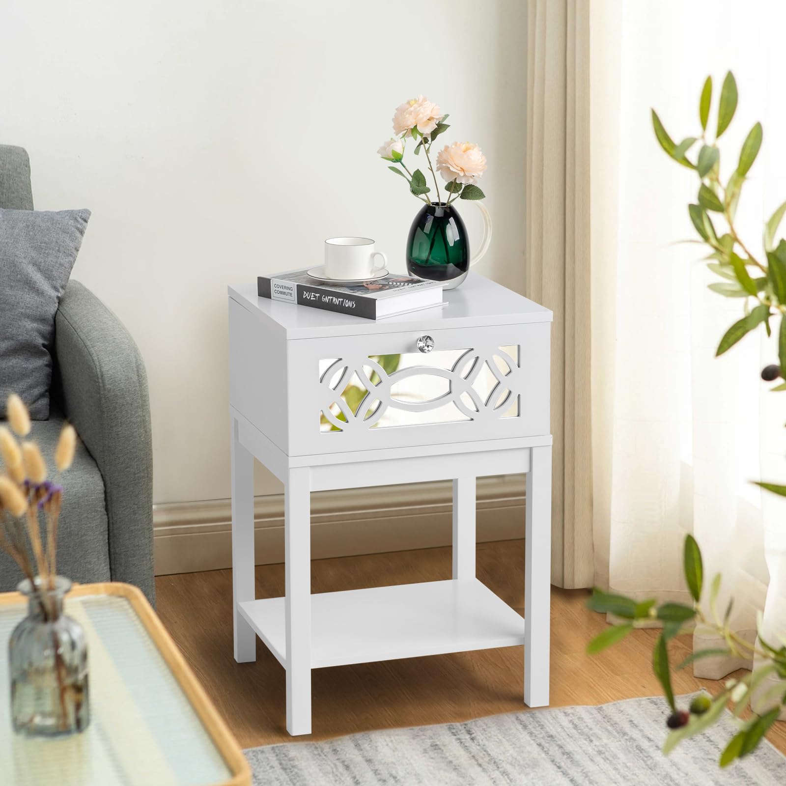 White Nightstand Set of 2, Modern Bedside Table with Mirror and Carved Design, End Table with Drawer and Open Storage Shelf, White Side Table for Bedroom, Living Room, Apartment, White