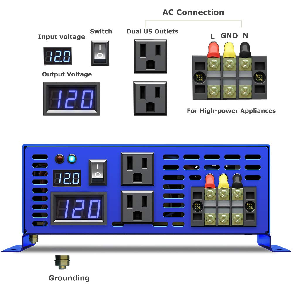 XYZ INVT 4000W Pure Sine Wave Inverter - 12V DC to 110V 120V AC Surge 8000 Watt Power Inverter Converter Generator w/ 100ft Wireless Remote Control for Solar System, Off Grid, RV.(4000W/12V)