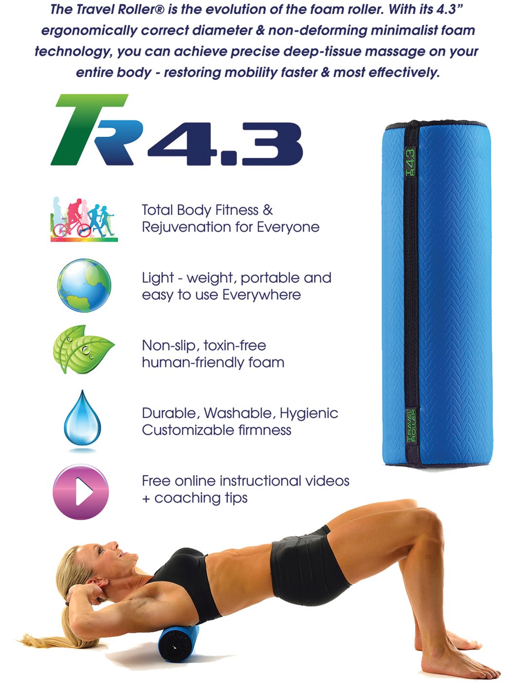 Travel Roller® Deluxe Foam Roller *Black* with Free Online Instructional Videos & Poster, Original (12.5" x 4.3")