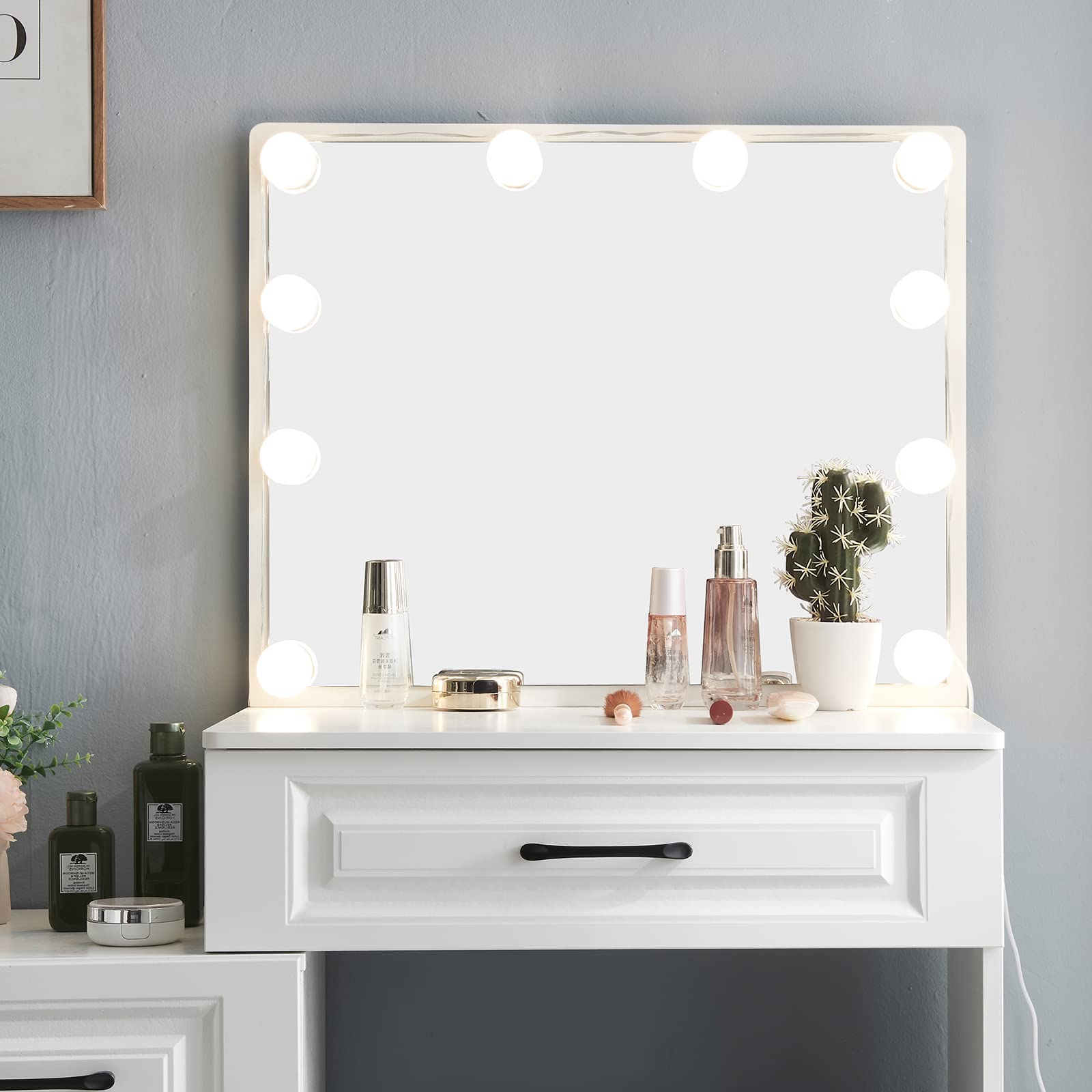 White Vanity Set with 10 LED Lights, Makeup Dressing Table with Light and Mirror, Dresser with 4 Drawers, Storage Shelves, Modern Vanity for Bedroom