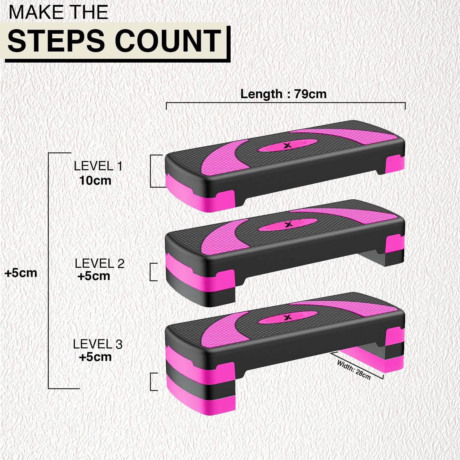 XN8 Aerobic Stepper for Exercise 3 Levels Adjustable Height 4" 6" & 8" Inch Exercise Step Platform Non Slip Step Board for Workout Home Gym Cardio Strength & Training | 31" Length x 12" Width (Inches)