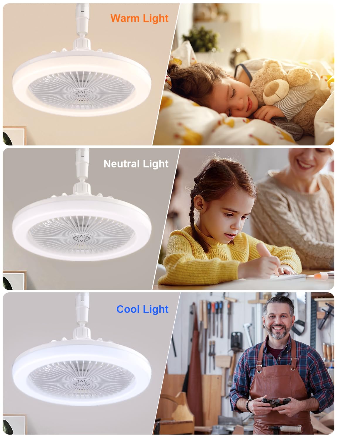 VONFAME Enclosed Ceiling Fan with Light and Remote Small 10-inch E27 Bladeless Ceiling Fans Dimmable LED Lights 3 Gear Wind Speeds Family Summer Gift for Garage Tool Room and Store Room