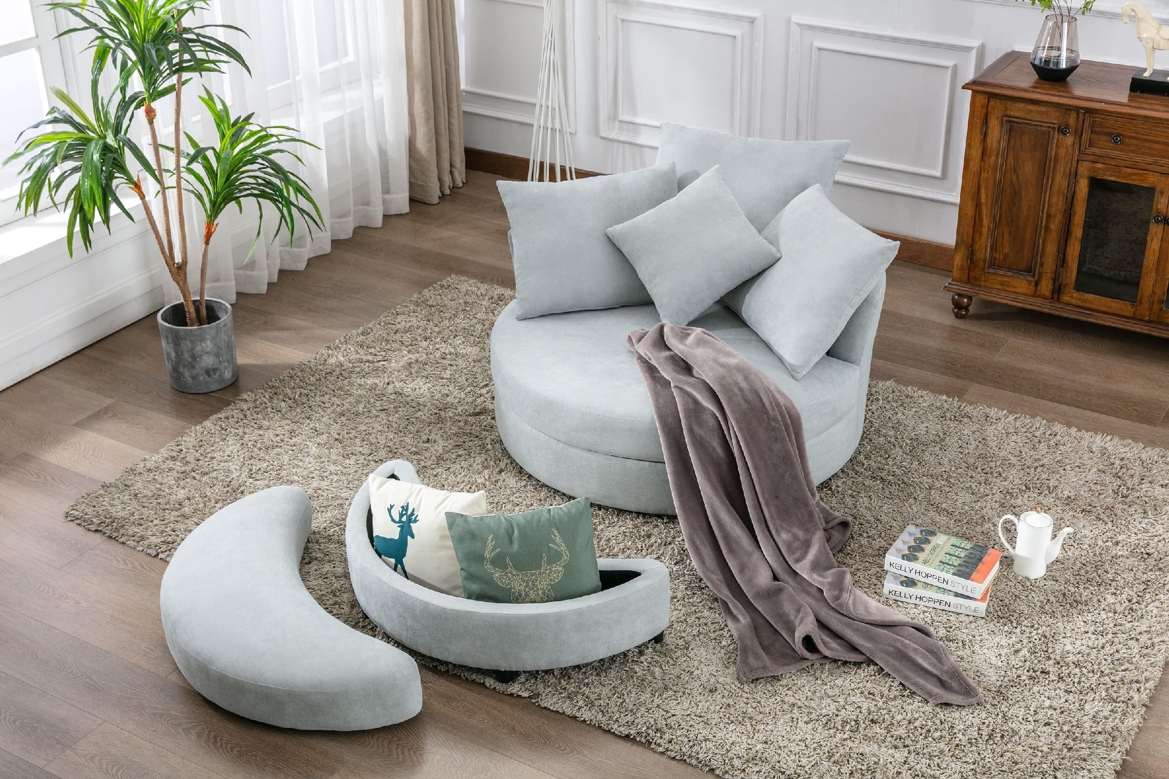 Wycian Boho Dining Chairs, Linen Upholstered Chair 1PC 360 Degree Swivel Beacon Grey Seat ht. 23.2" Movable Pillows Storage Ottoman 49.00" L 48.00" W 33.80" H