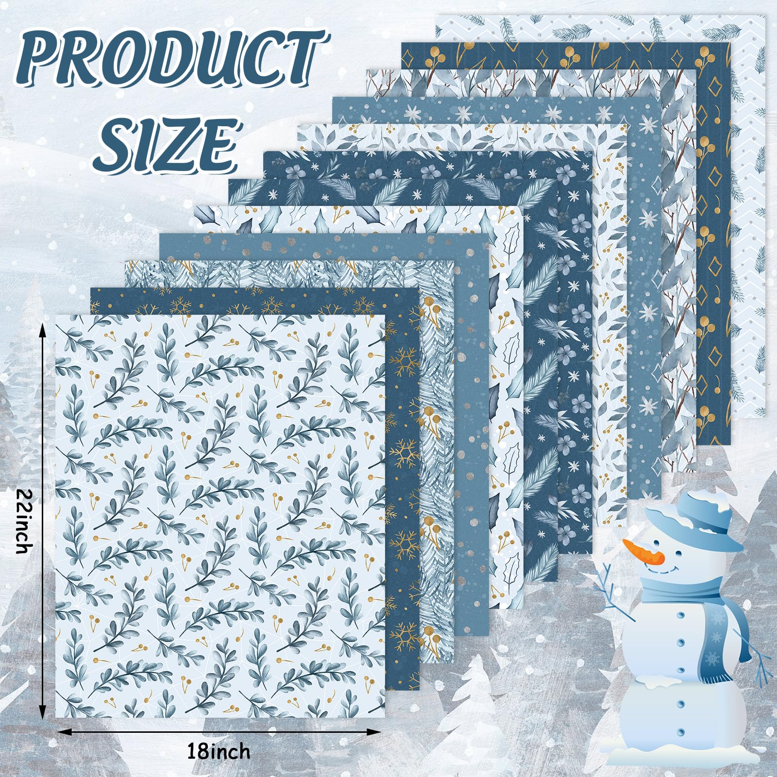 Whaline 12Pcs Winter Cotton Fabric Bundles Watercolor Christmas Fat Quarters White Blue Snowflake Leaves Printed Sewing Fabrics for DIY Handmade Crafting, 18 x 22 Inch